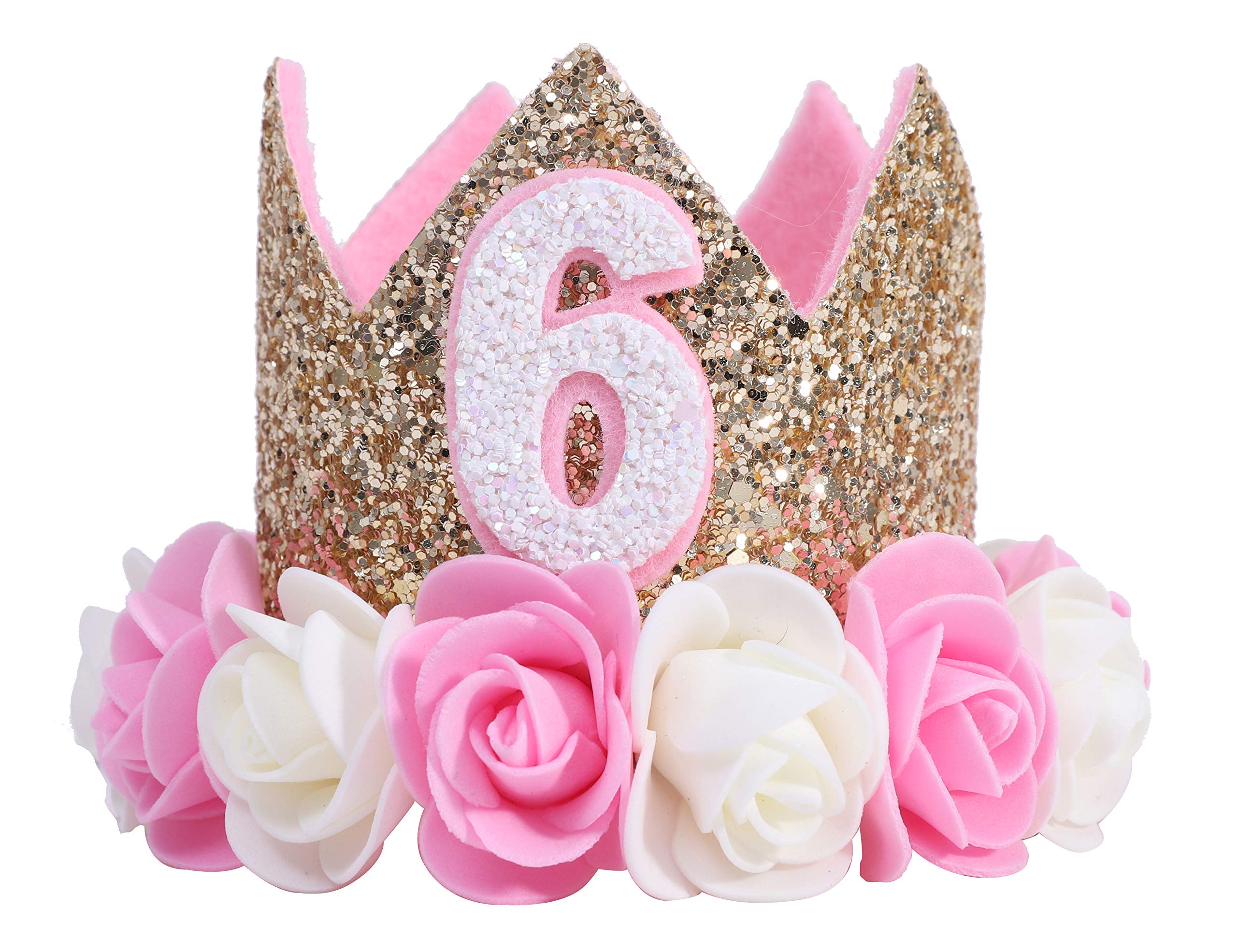 Buy Pink and Gold Crown for 6th Birthday Party - Flowers Birthday Crown ...