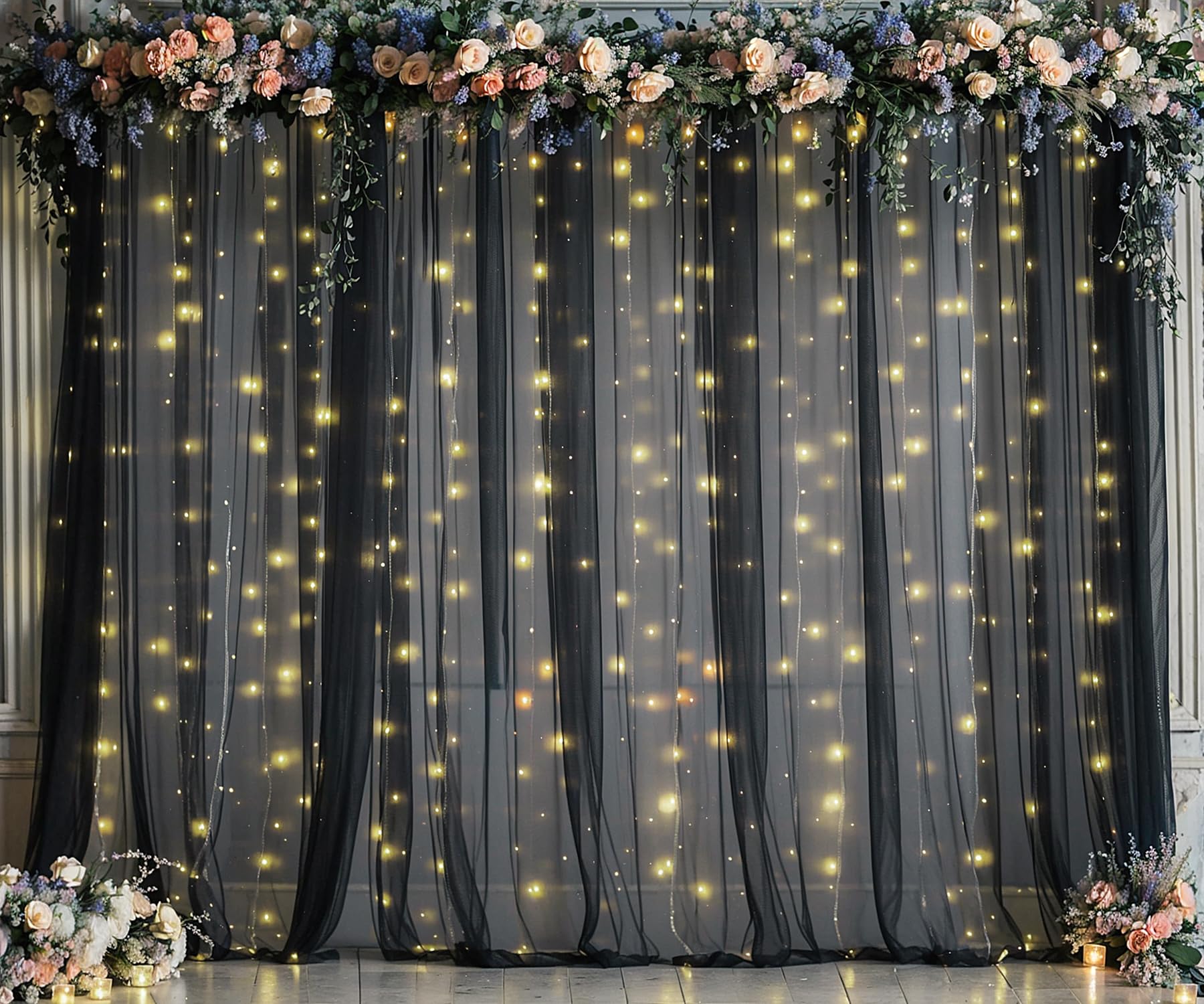 Amazon.com : 20ft x 10ft Black Tulle Photo Backdrop Curtain with Lights ...