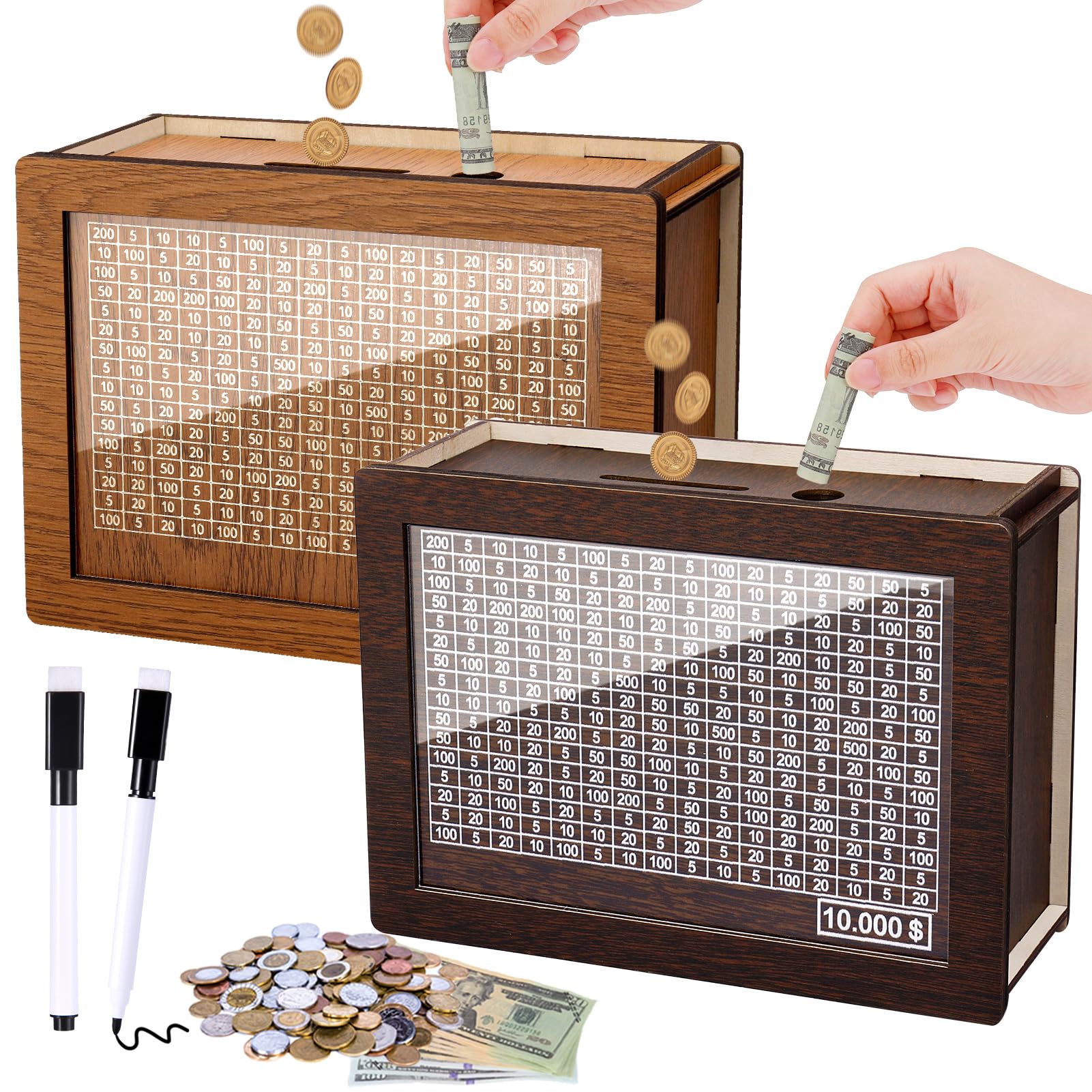 2PCS Cash Vault Wooden Savings Box 10000 The Challenge Piggy Bank ...