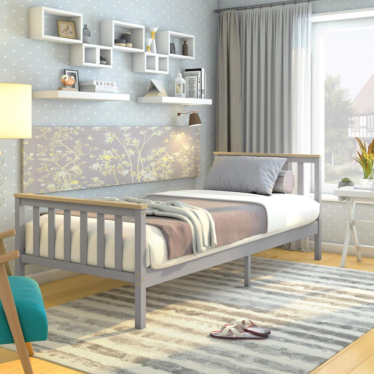 Panana 3FT Single Wooden Bed Solid Pine Frame with 2 Headboards and Oak ...