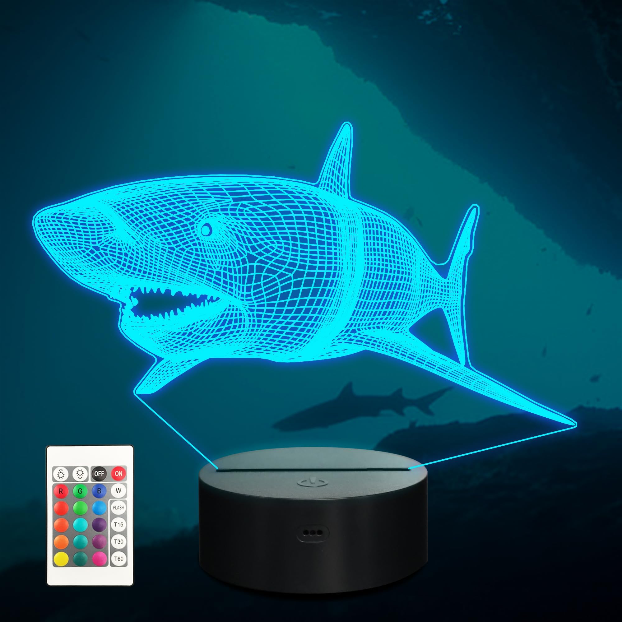 3D Shark Lamps Ocean Animal 3D Illusion Nightlights Led Timer Desk ...