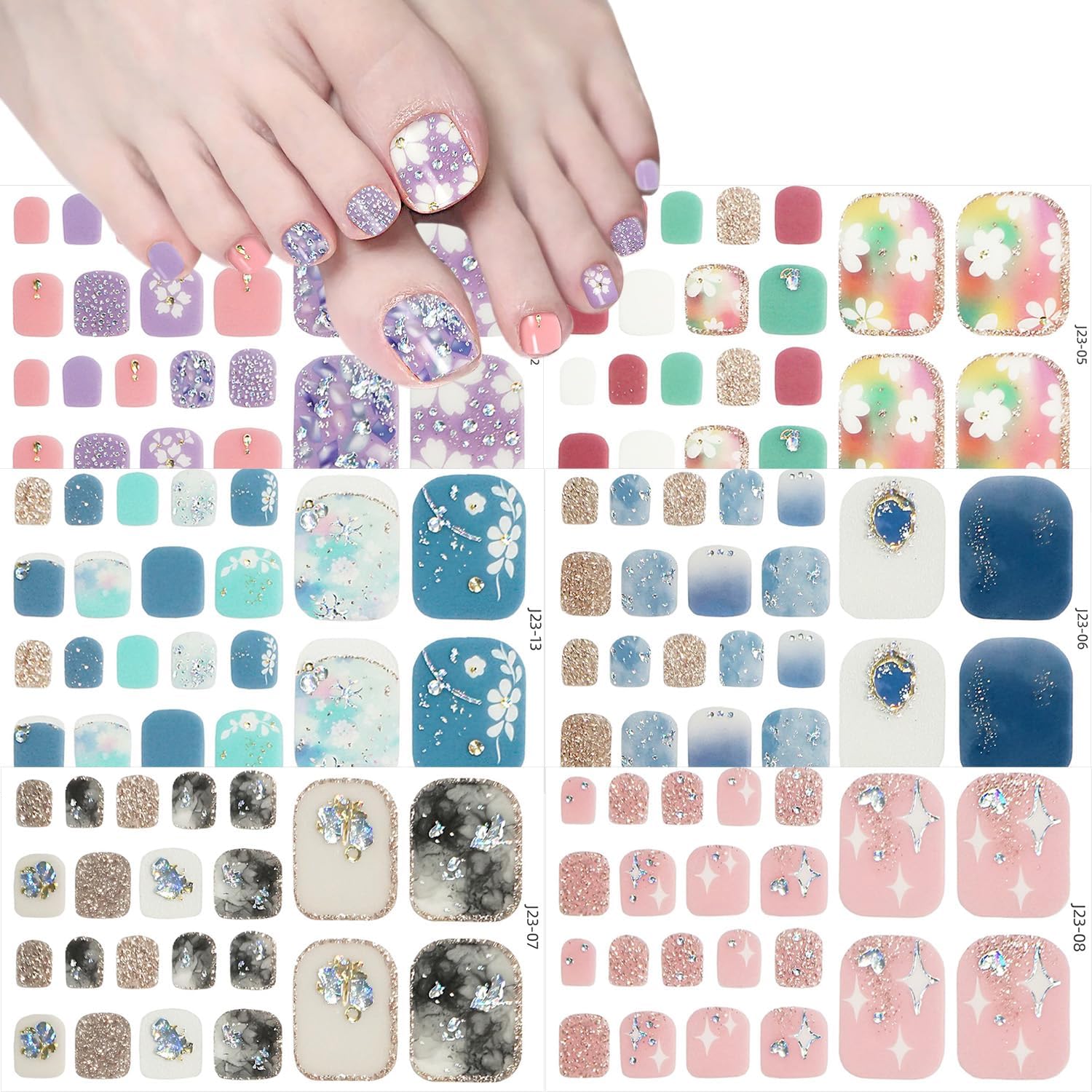Amazon.com: 6 Sheets Glitter Toe Nail Stickers Toe Flower Nail Wraps ...