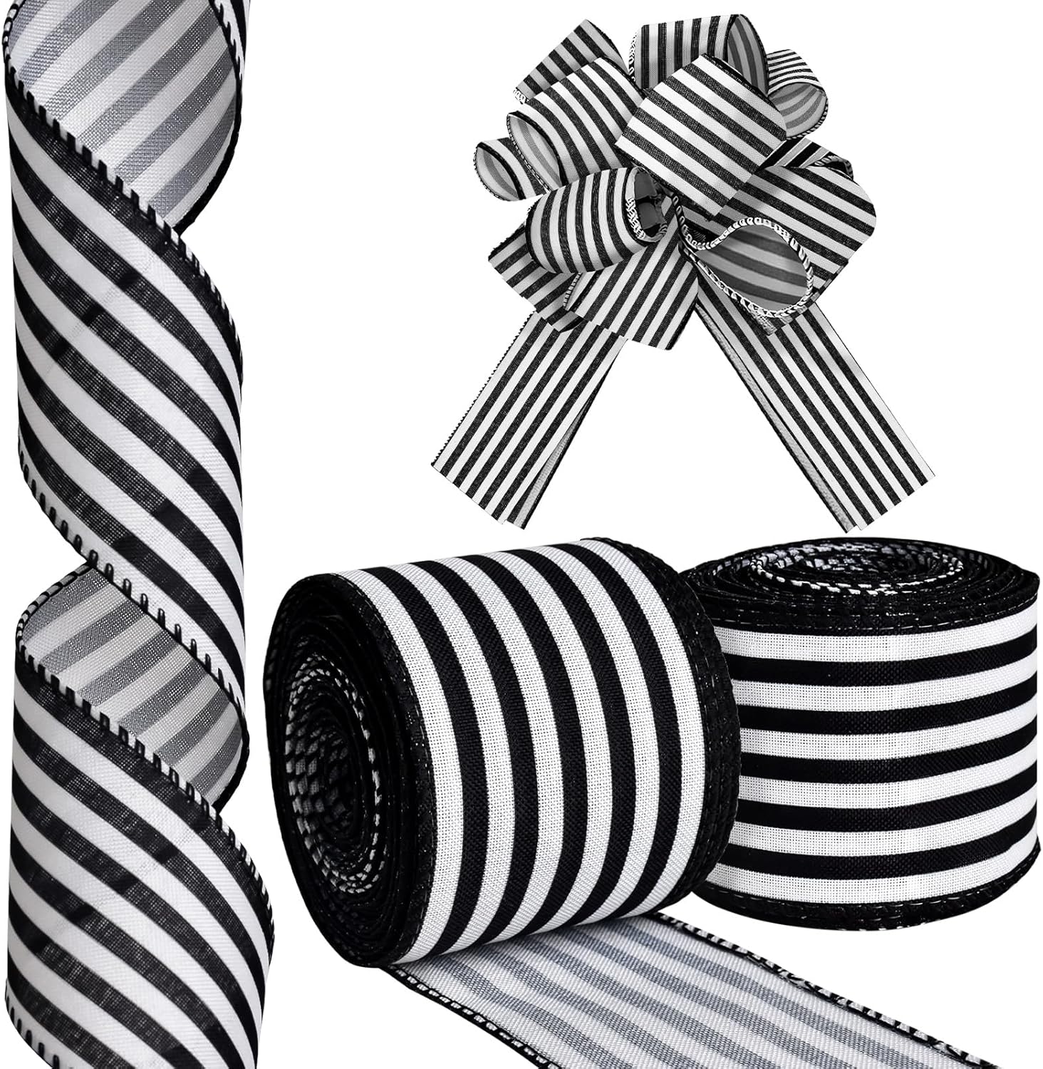Amazon.com: MuRealy 2.5" Black and White Striped Wired Ribbon - 10 ...