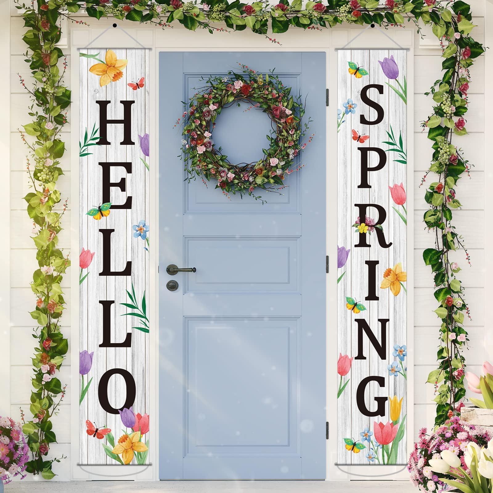 Amazon.com : Hello Spring Porch Banner for Front Door Spring Door ...