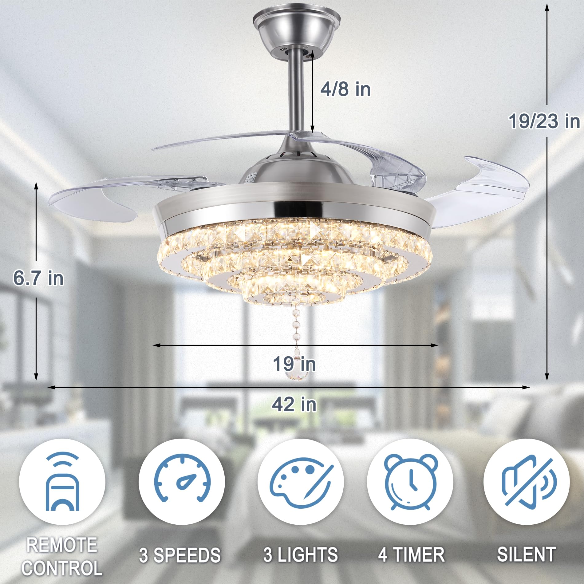 Room 42 Inch Crystal Fandelier Ceiling Fan With Light, Retractable Fans ...