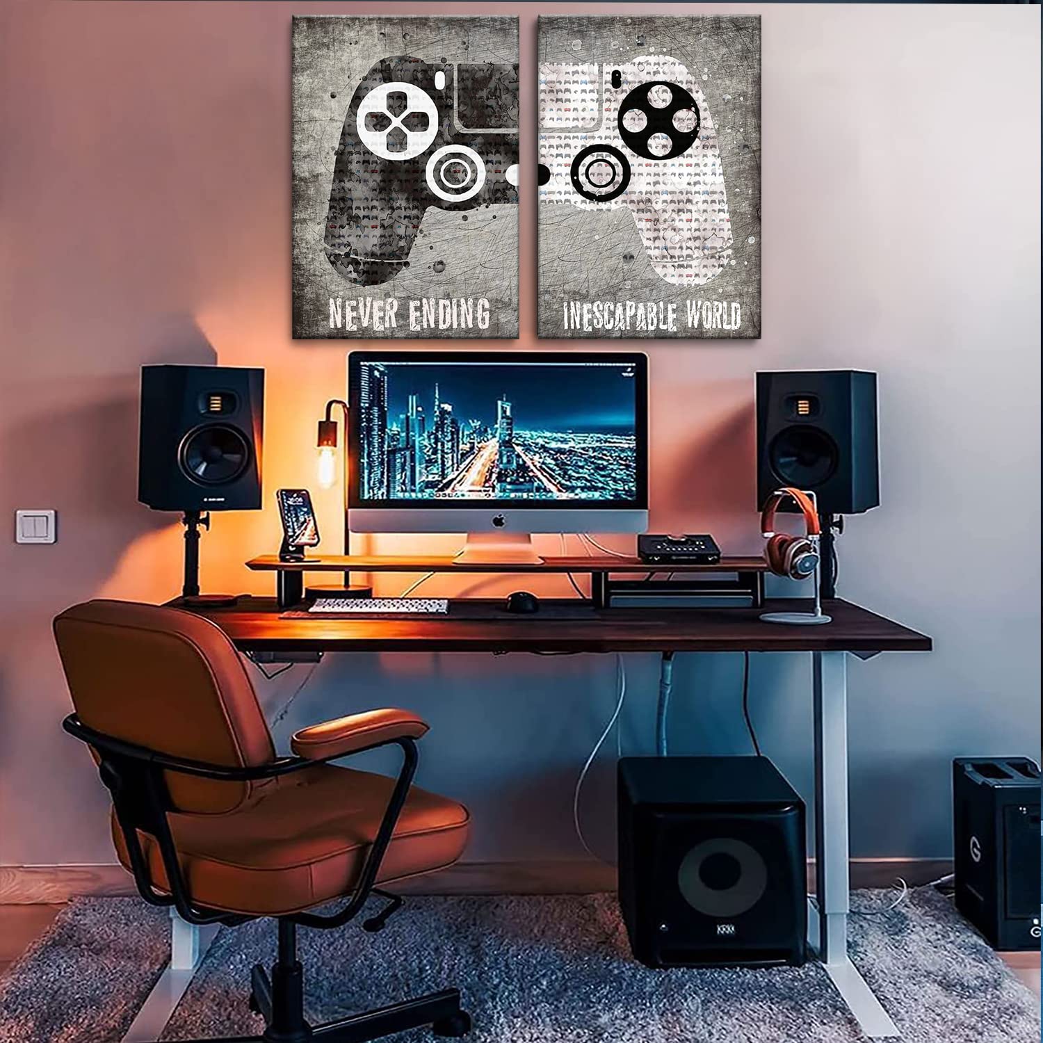 2 Pieces Framed Video Game Canvas Wall Art Gamer Room Decor Black and ...