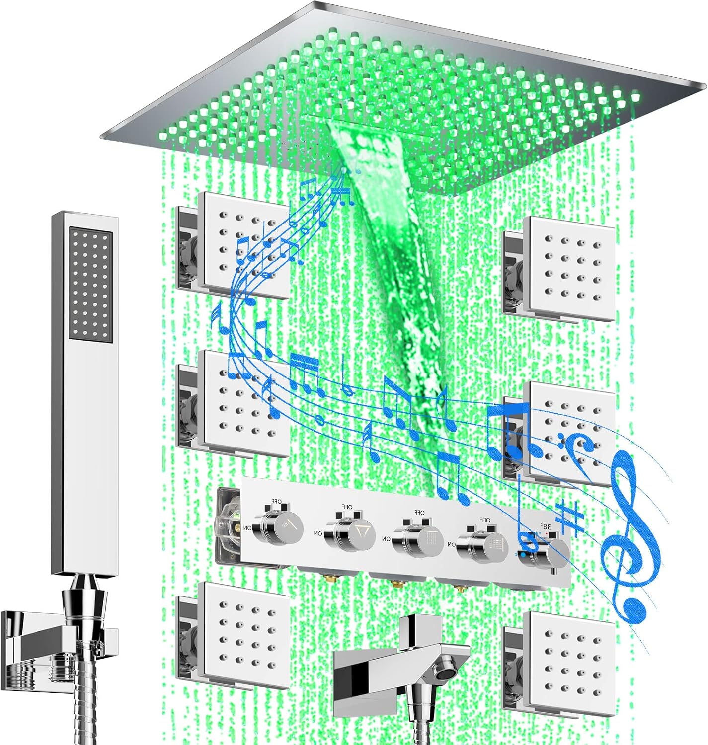 Thermostatic Shower System, Rainfall Shower System with Music, 16 Inch ...