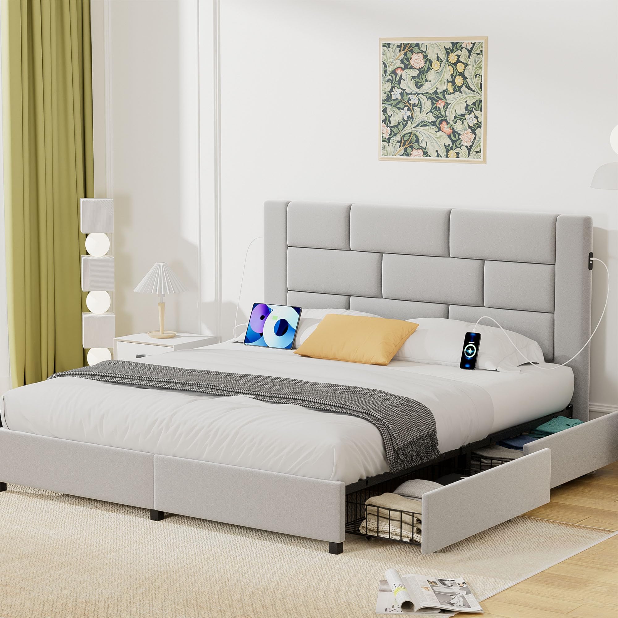 Amazon.com: VECELO Queen Size Bed Frame with 4 Storage Drawers ...