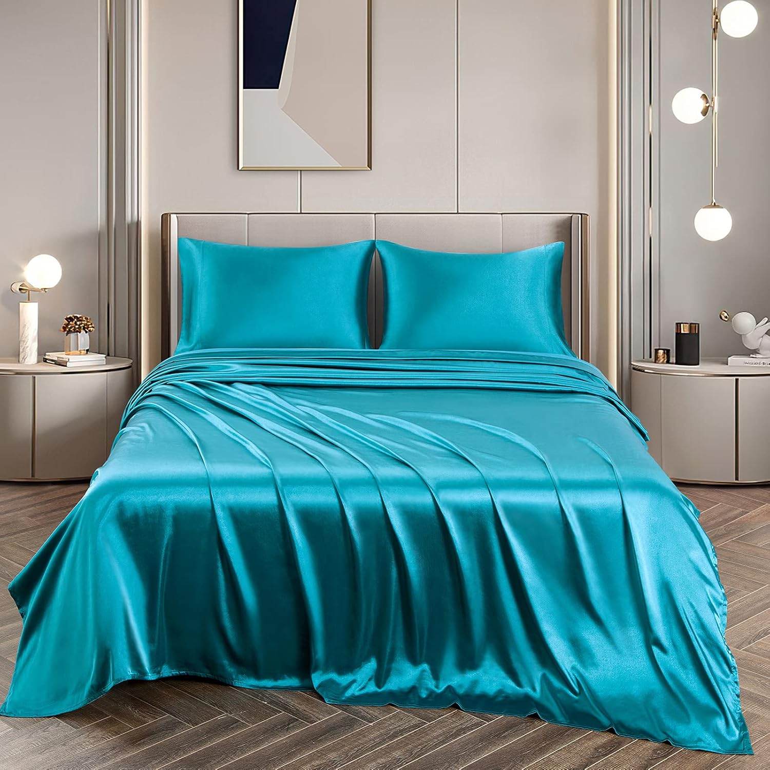 Amazon.com: Turquoise Blue Color 3 Pc 100% Pure Satin Silk Comforter ...