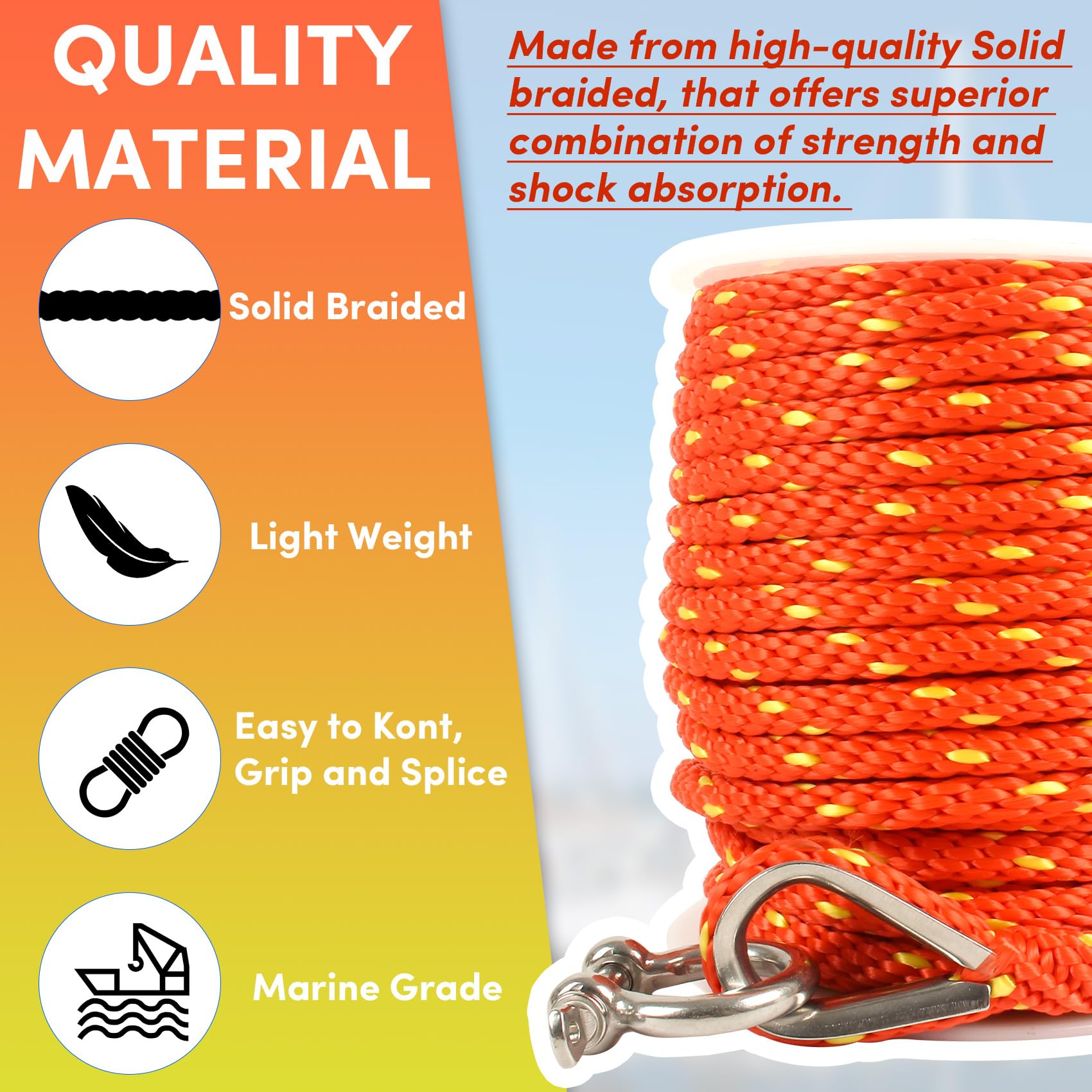 Snapklik.com : Premium Anchor Rope 50 Ft X 1/2 Inch, Solid Braid MFP ...