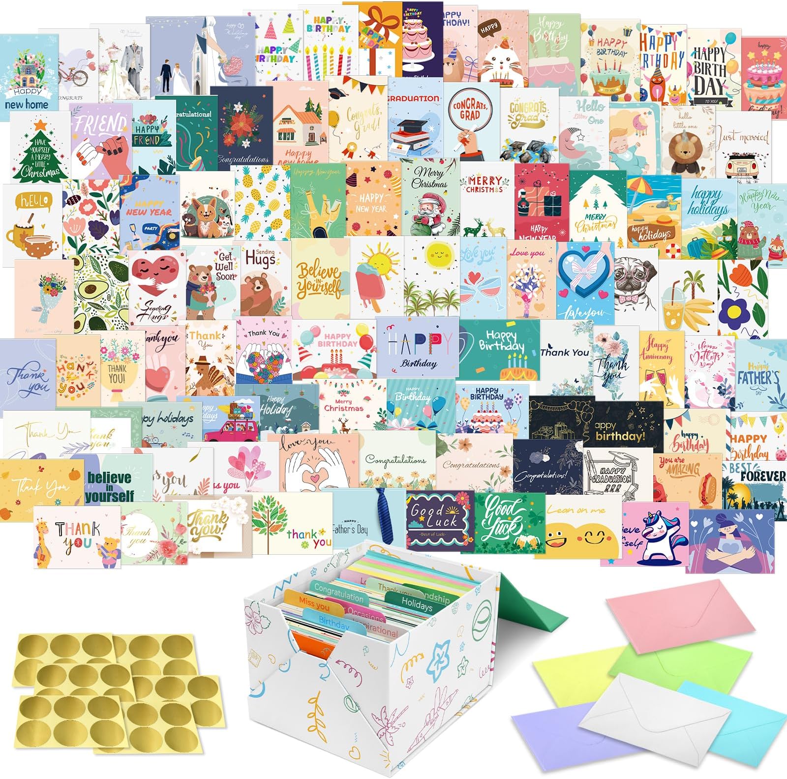 108 Pack Large 5x7 All Occasion Greeting Cards with Colorful Envelopes ...