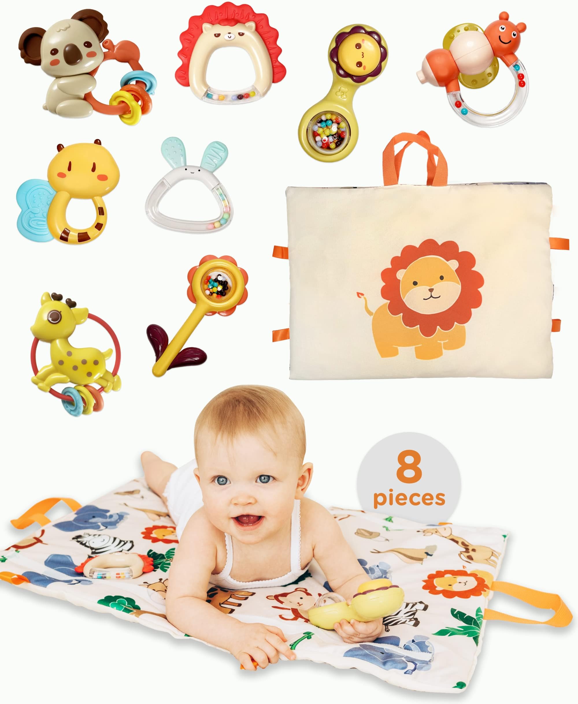 Amazon.com : Move2Play, 8 Piece Baby Rattle and Tummy Time Mat Set ...