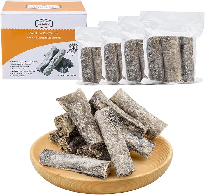 Amzey Cod Skin Dog Treats 24 OZ, High Protein Cod Fish Skin Rolls Rich ...