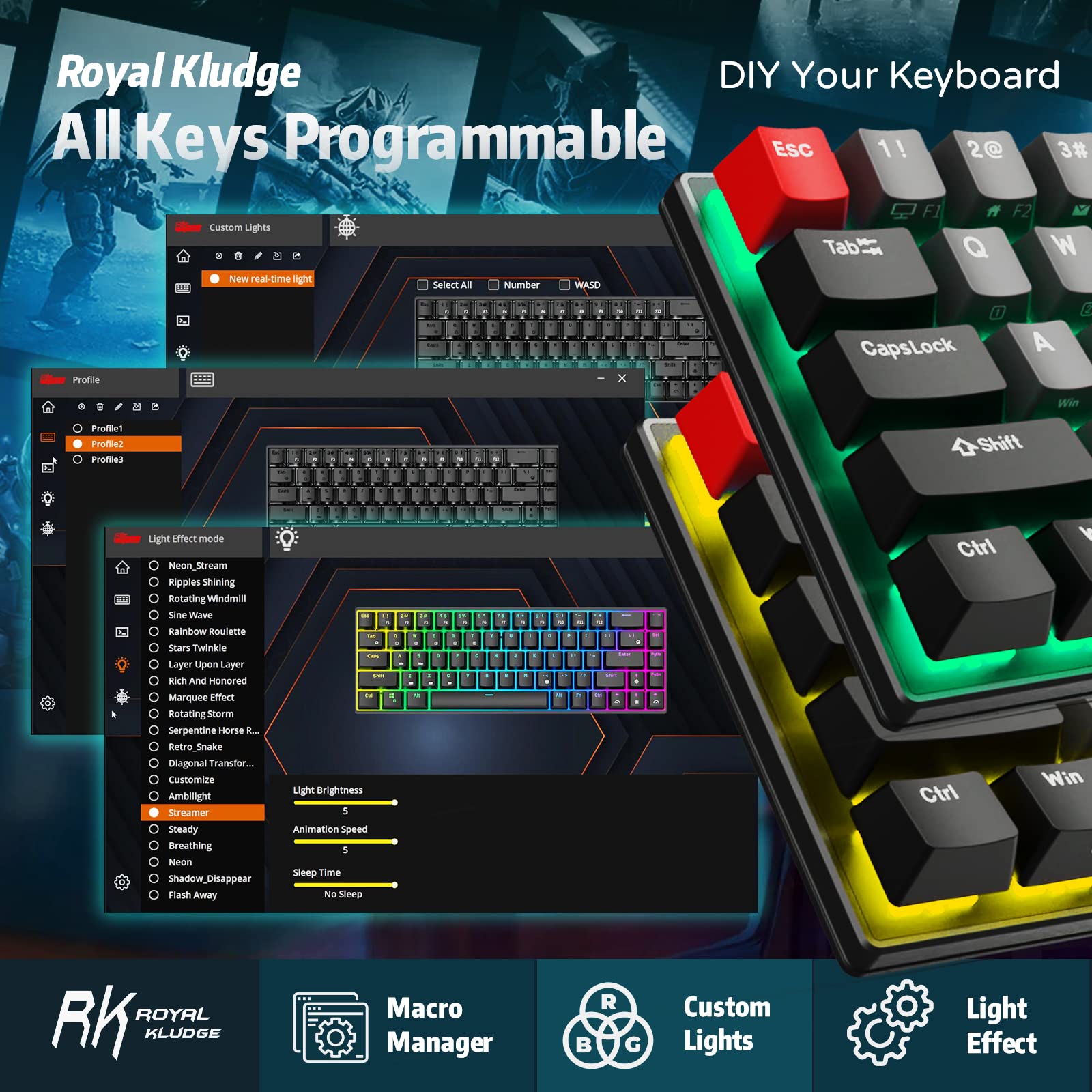 RK ROYAL KLUDGE RK G68 65% Wireless Mechanical Gaming Keyboard ...