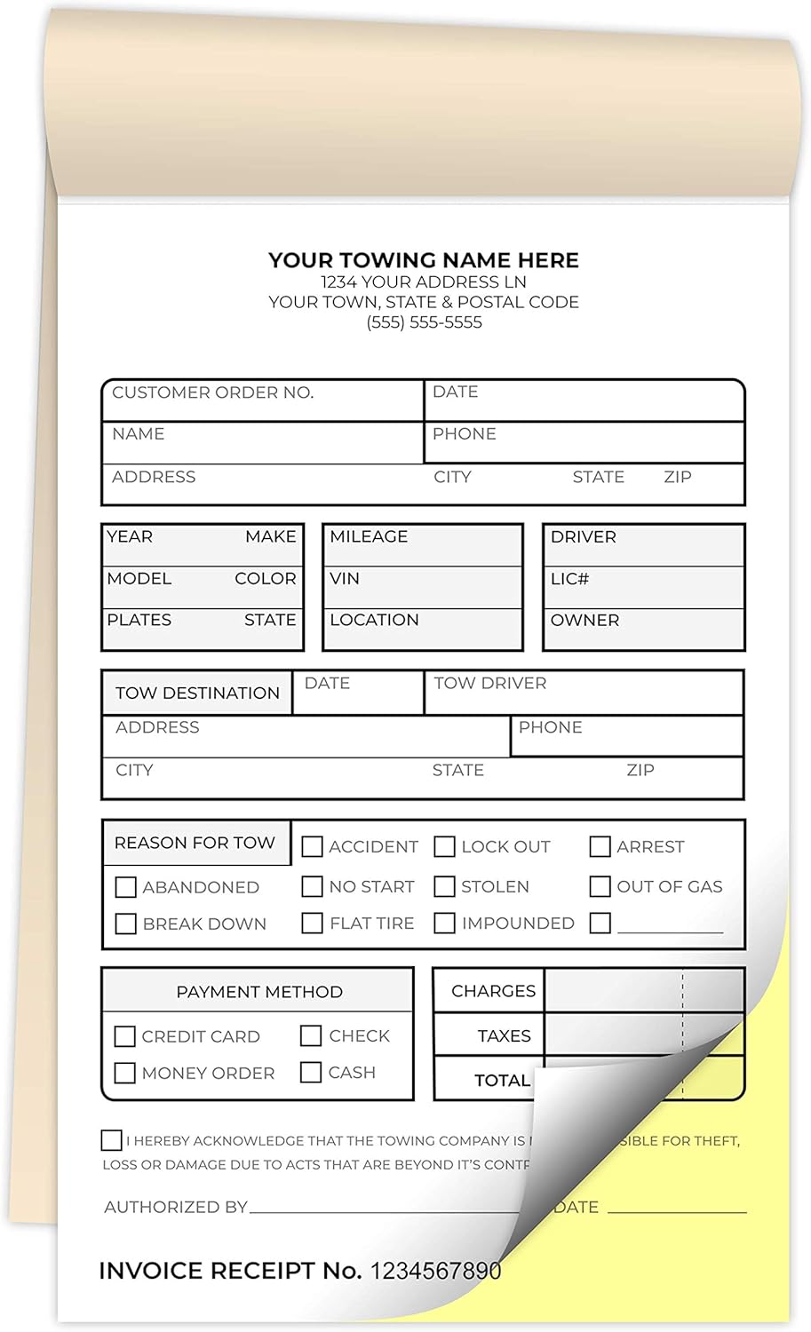 Amazon.com : Custom Printed 4.25 x 7 inches Carbonless Towing Invoice ...