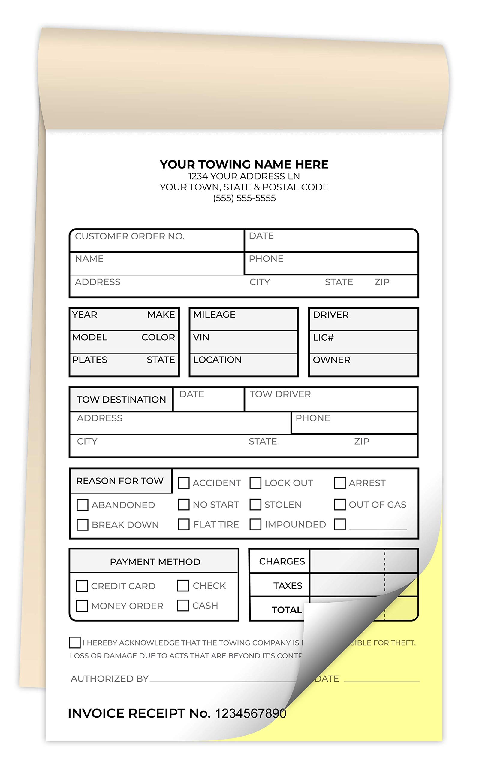 Amazon.com : Custom Printed 4.25 x 7 inches Carbonless Towing Invoice ...