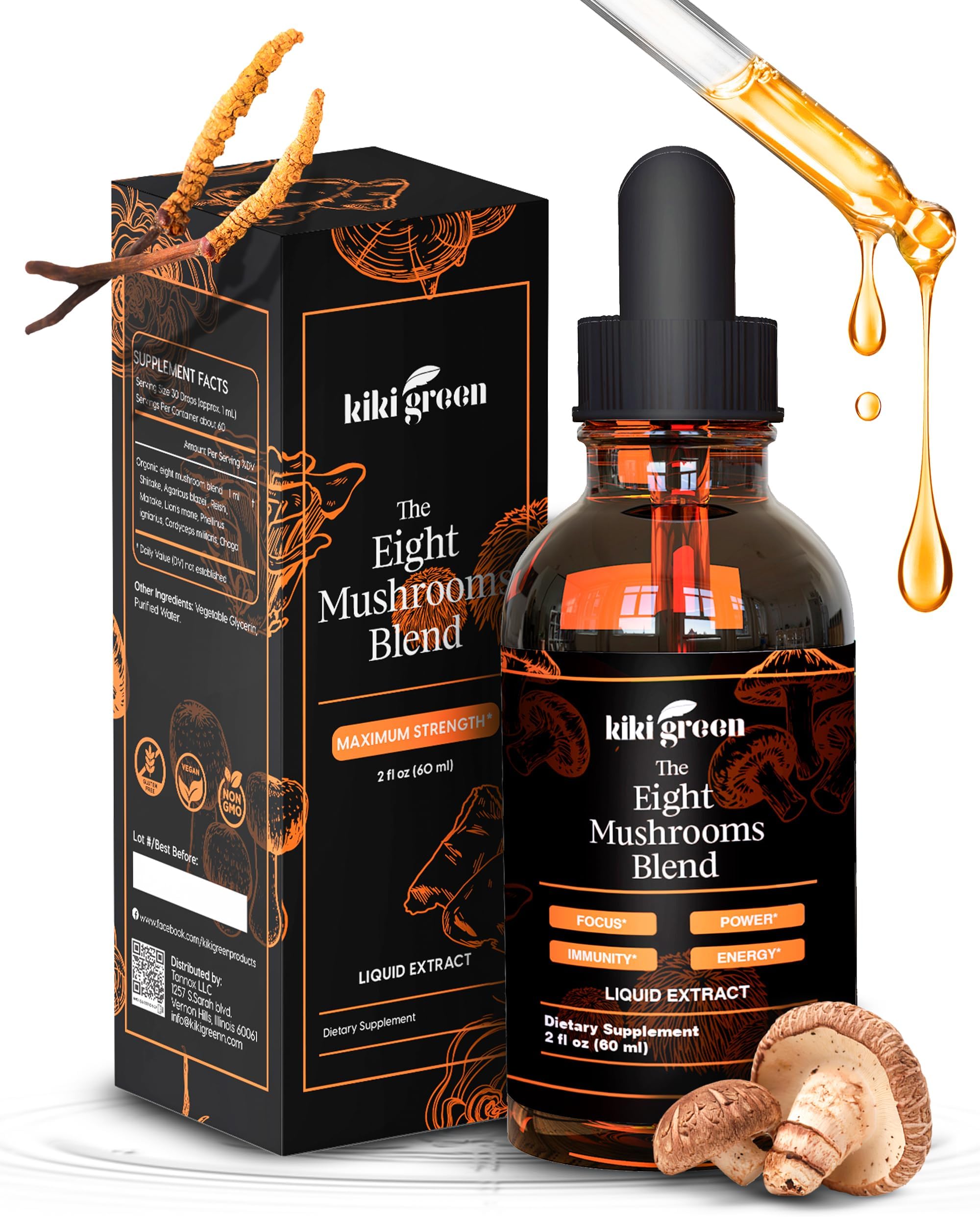 Amazon.com: Kiki Green 8 Mushrooms Liquid Extract Drops - Adaptogenic ...