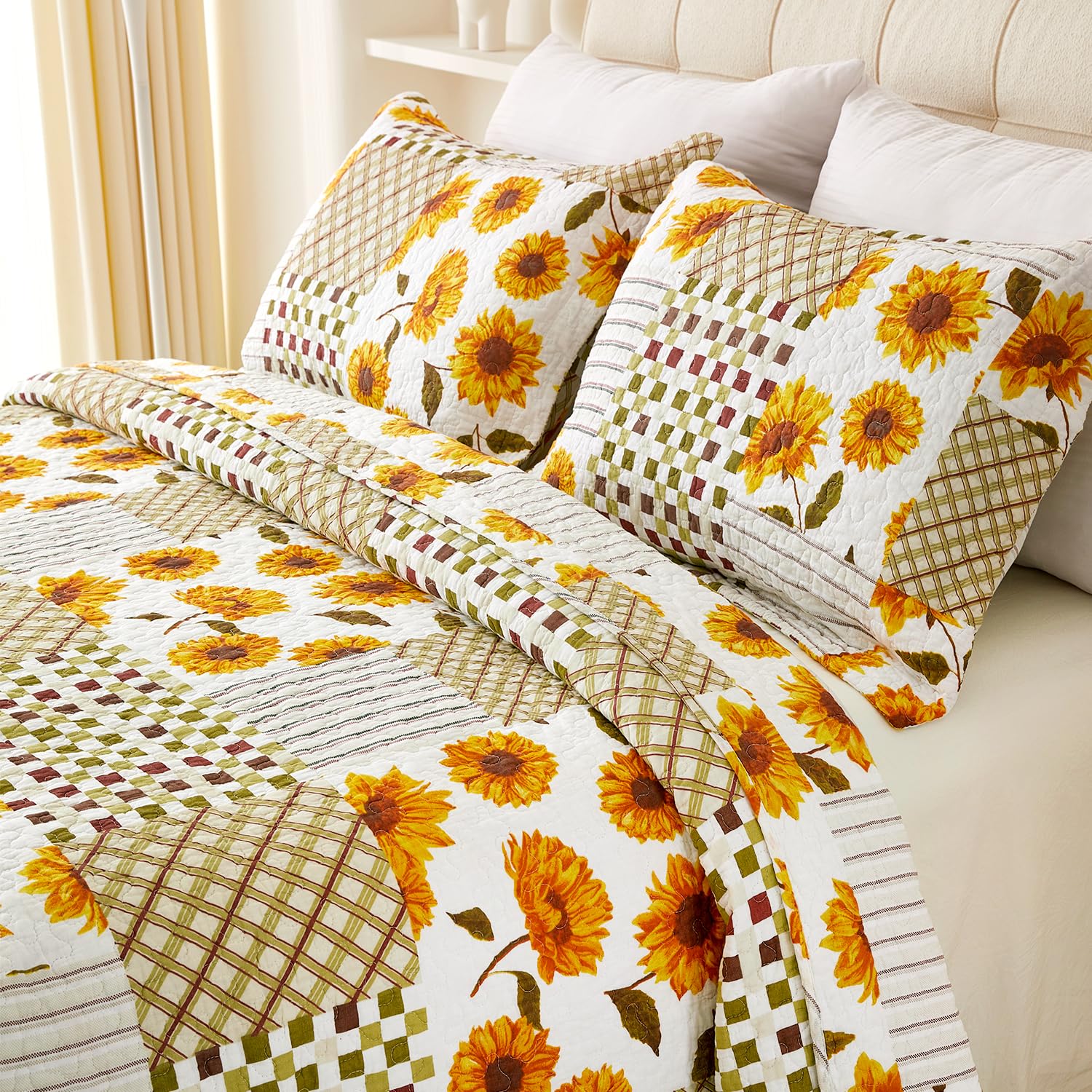 EVENHUG 100% Cotton Quilt Queen Size Orange Sunflower Bedding Set ...