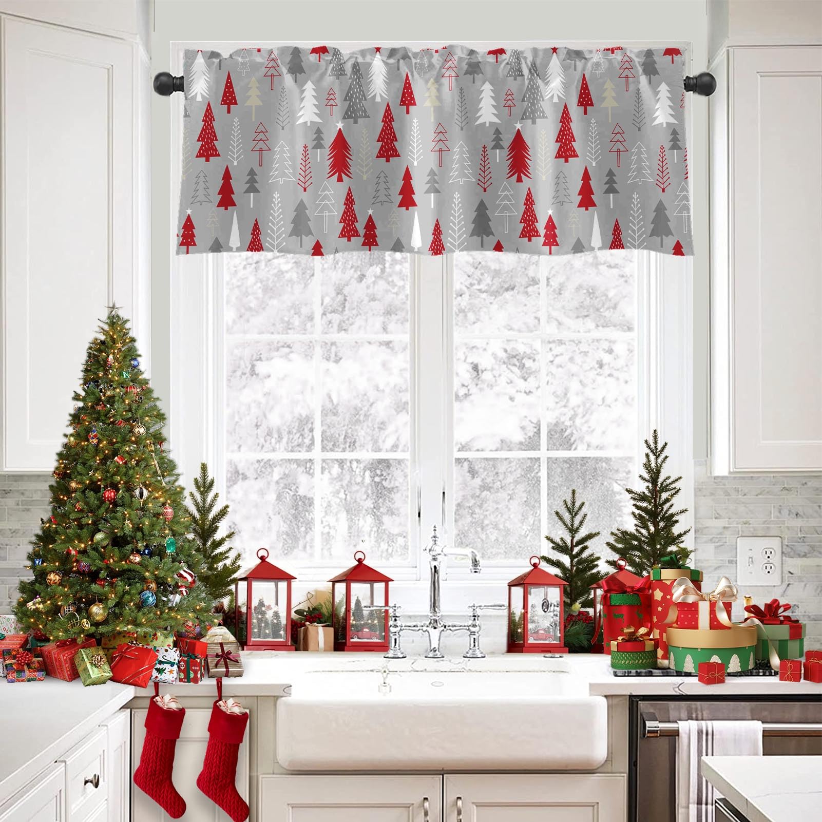 Amazon.com: Emvency Christmas Valances Window Treatments, Gray and Red ...