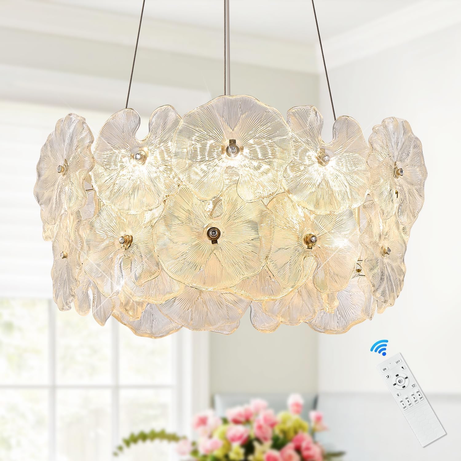 Poemoon Elegant Glass LED Chandelier D 20" Modern Gold Lotus Leaf ...