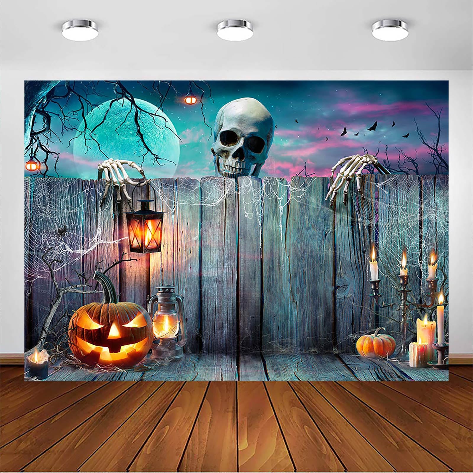 Avezano Halloween Backdrop Skeleton Pumpkin Lantern Wooden Wall Spooky ...