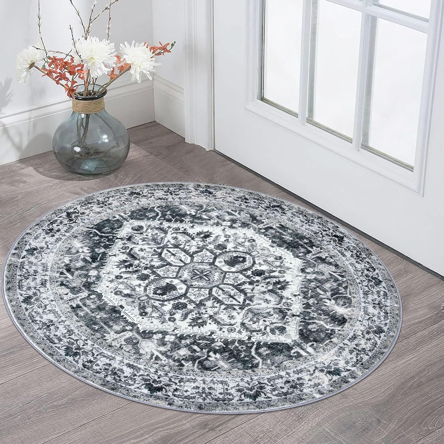 Amazon.com: KOZYFLY Washable Round Rugs 3Ft Grey Boho Small Entryway ...