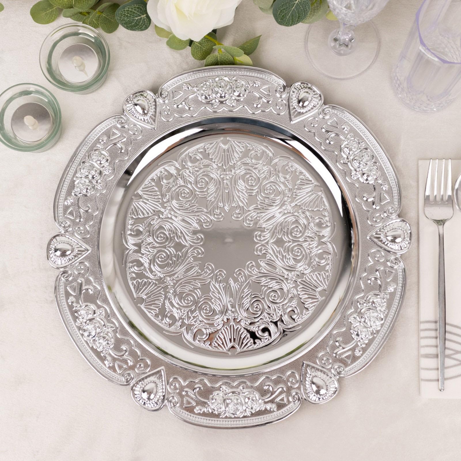 Amazon.com | Efavormart 6 Pack Silver Floral Embossed Acrylic Charger ...