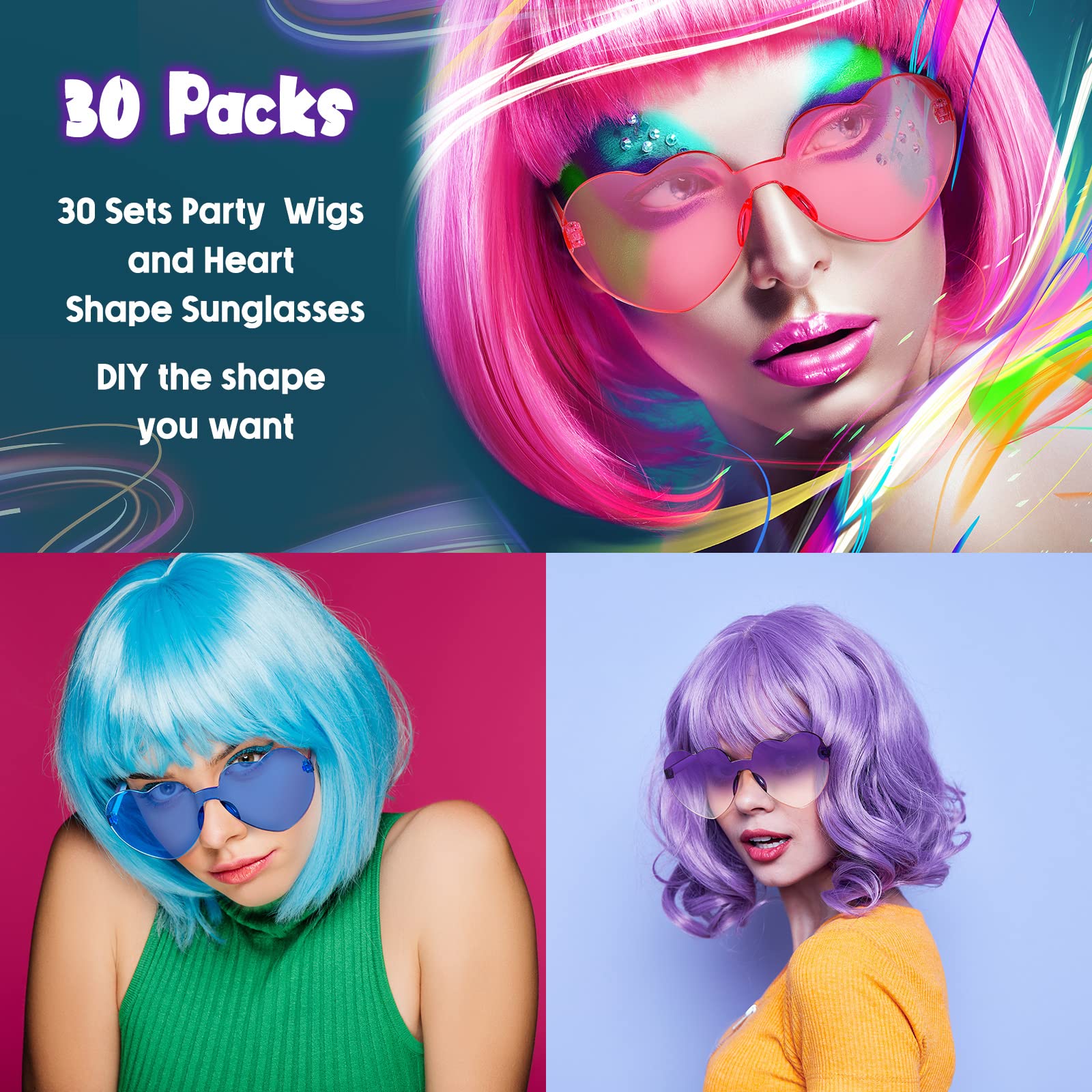 60 Pieces Party Wigs and Sunglasses Set, Neon Short Bob Wig Party Wigs ...