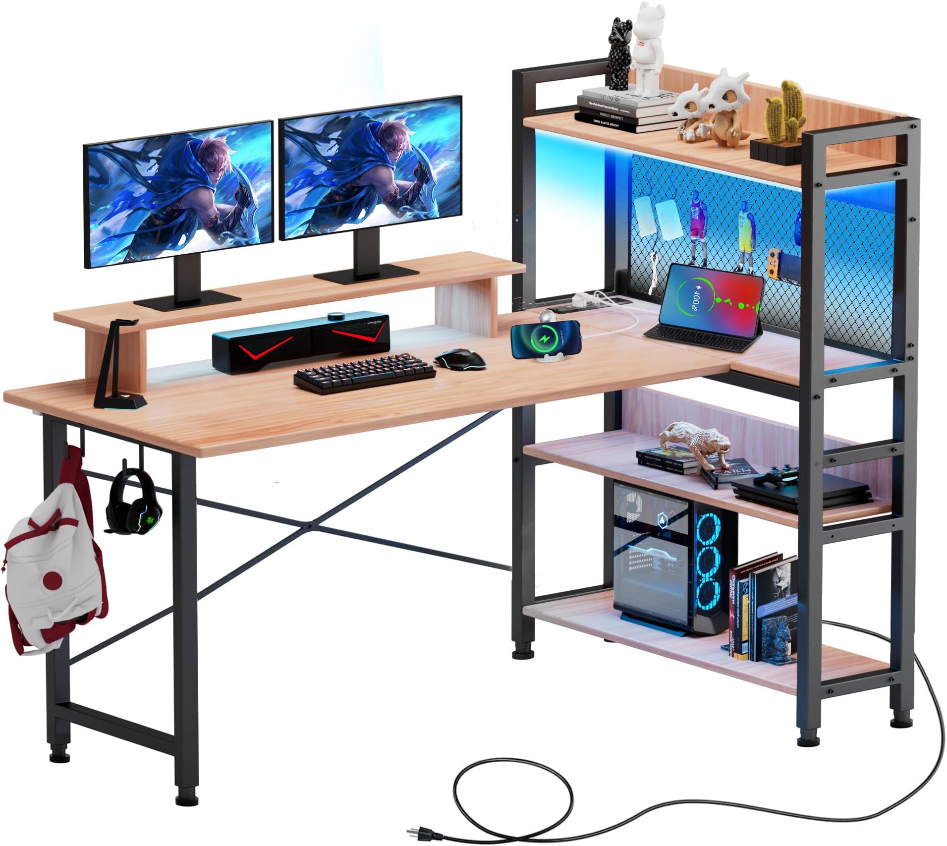 Amazon.co.jp: GTPLAYER ゲーミングデスク l字 コンセント付き led ラック付き l字デスク 本棚 モニターアーム対応 ...