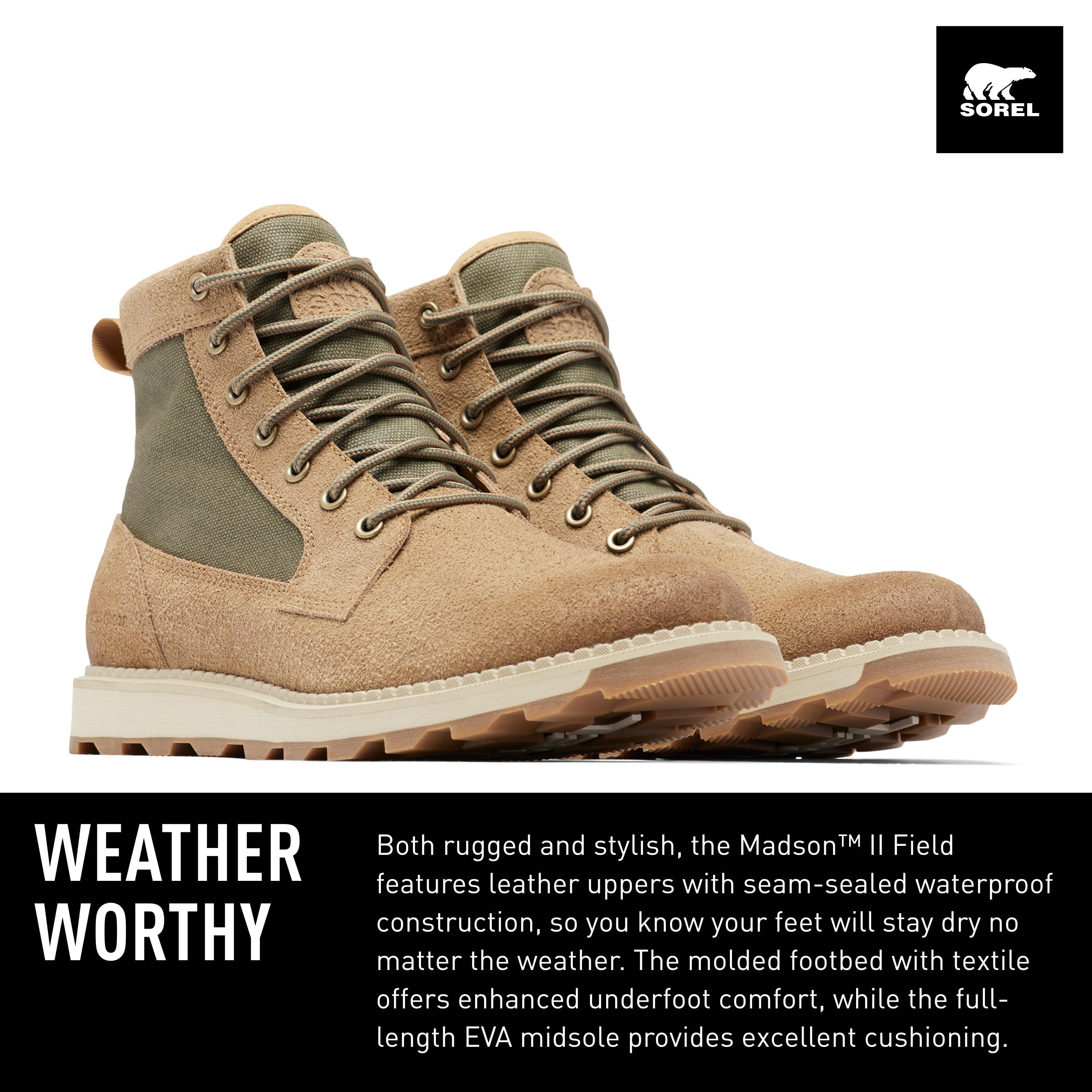 Snapklik.com : Sorel Mens Madson II Field Waterproof Boots - Caribou Buff