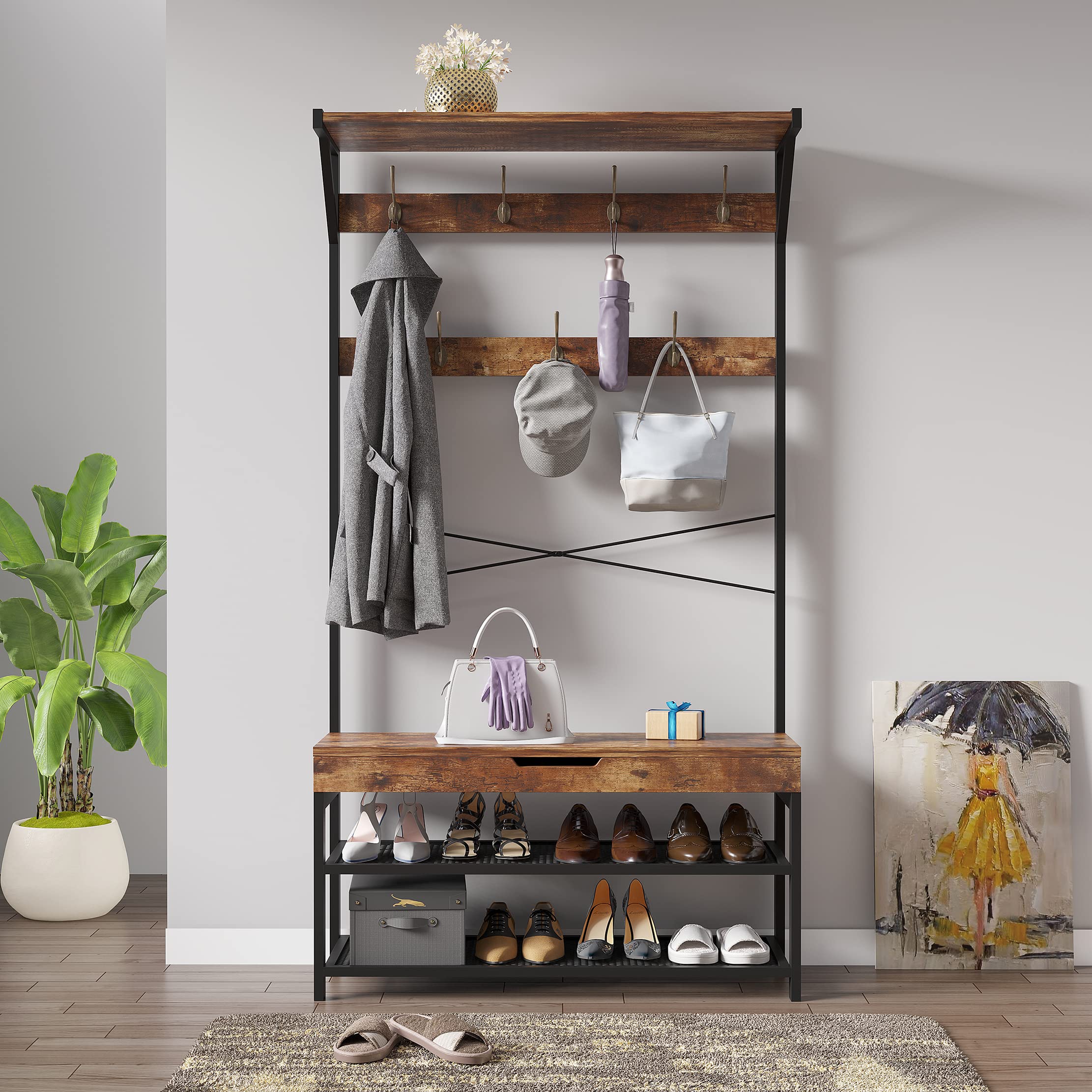 Amazon.com: Hall Tree Clothes Rack Shoe Bench Entrance Storage Bench ...