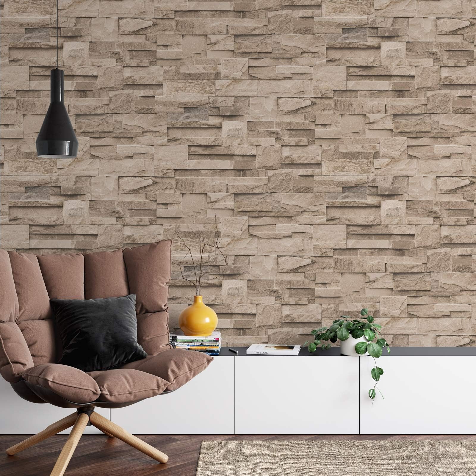 YöL 3D Effect Brick Wallpaper Beige Stone Tile Rustic Vinyl Paste Wall ...