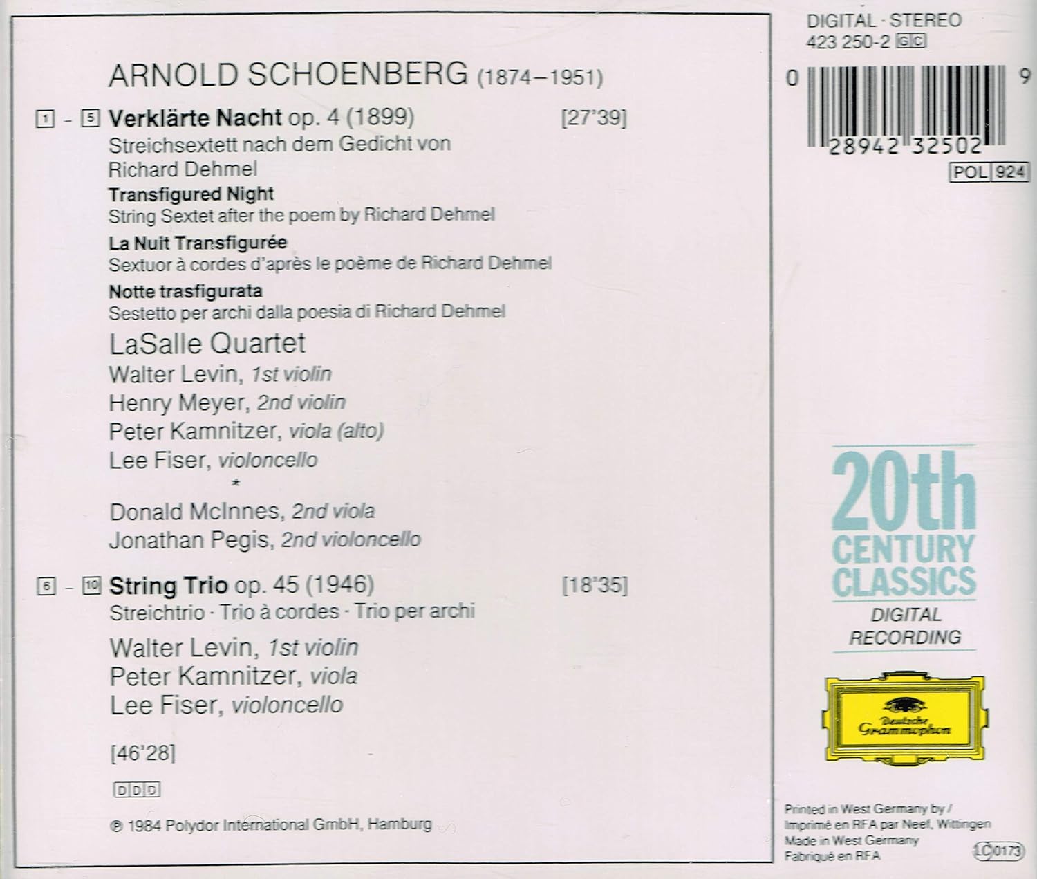 Verklärte Nacht/Streichsextett - LaSalle Quartet, Arnold Schönberg ...