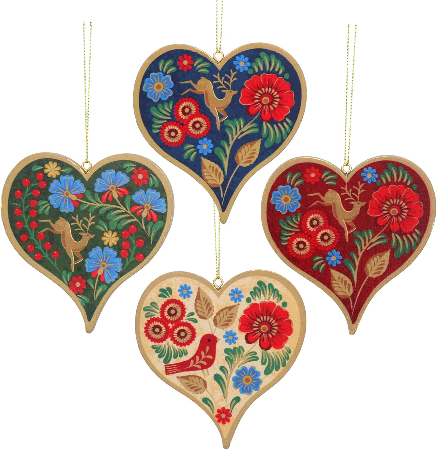 Gisela Graham Folk Art Wood Heart Christmas Tree Decorations - set of 4 ...