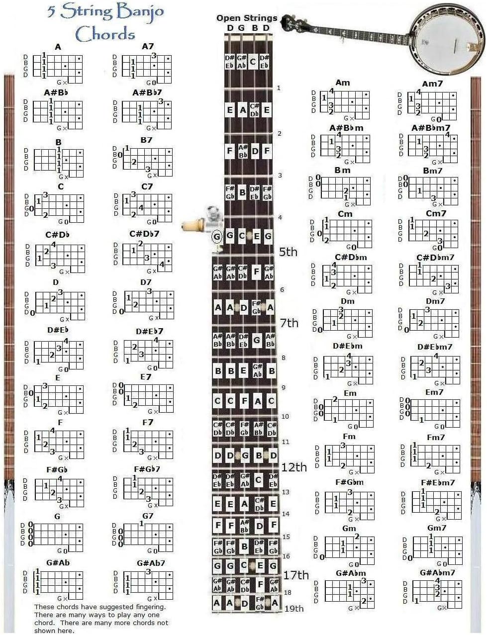 Amazon.com: 5 STRING BANJO CHORDS CHART & NOTE LOCATOR : Musical ...