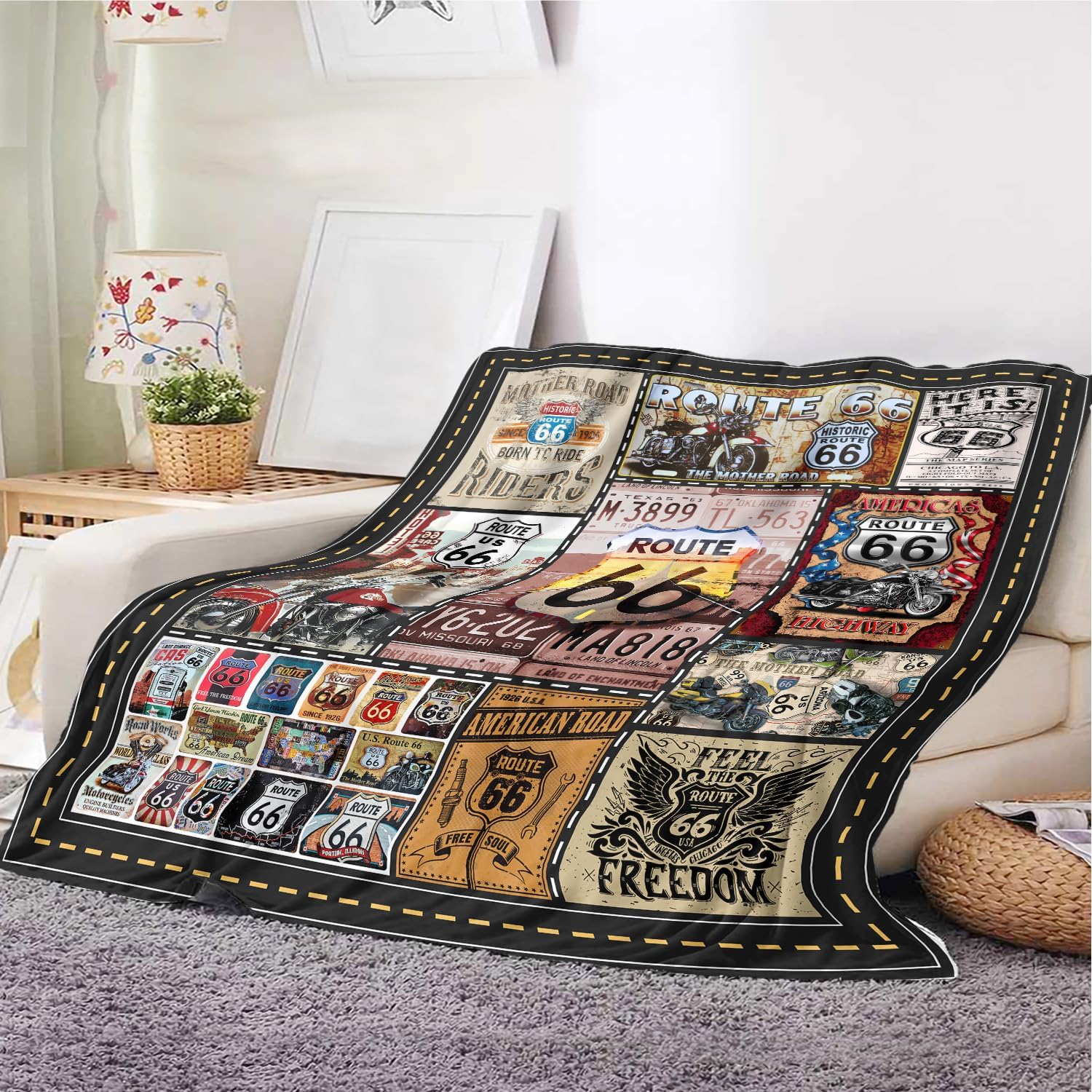 Amazon.com: Route 66 Blanket for Men – Vintage Motorcycle Road Trip ...