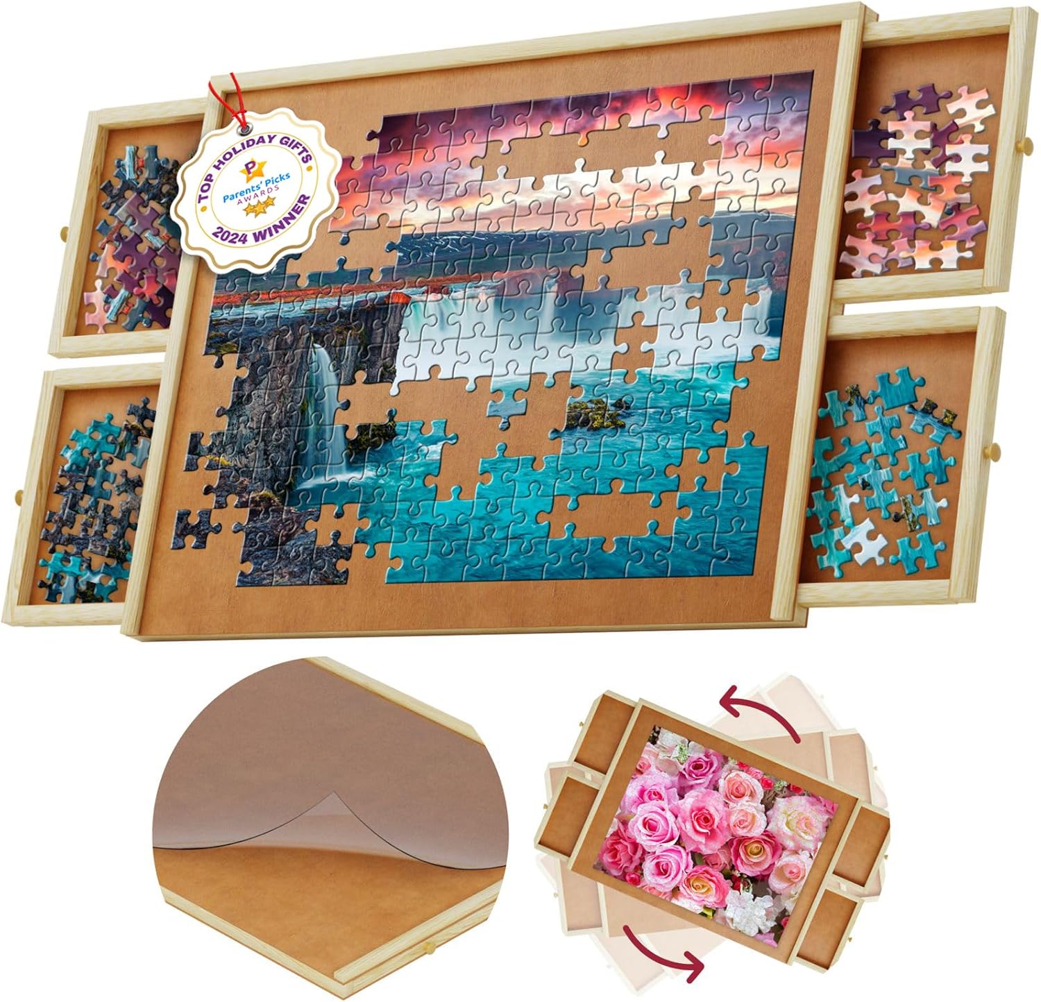 1000 Piece Wooden Jigsaw Puzzle Board - 4 Drawers, Rotating Puzzle ...