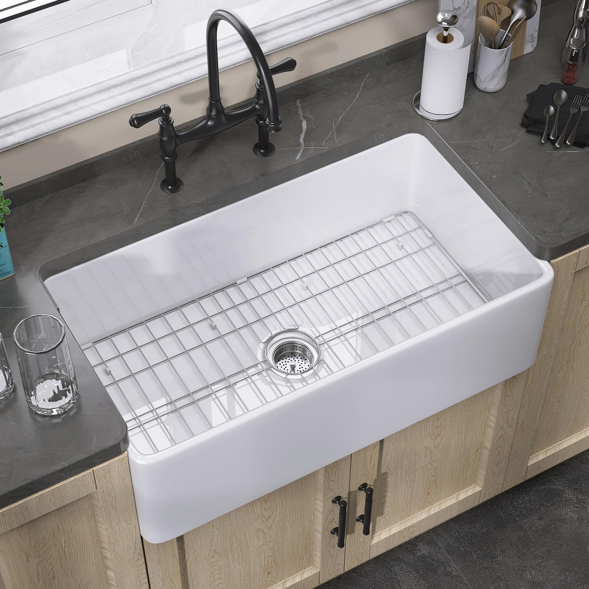 Mocoloo 30 White Farmhouse Kitchen Sink 30x20 Reversible Flat ...