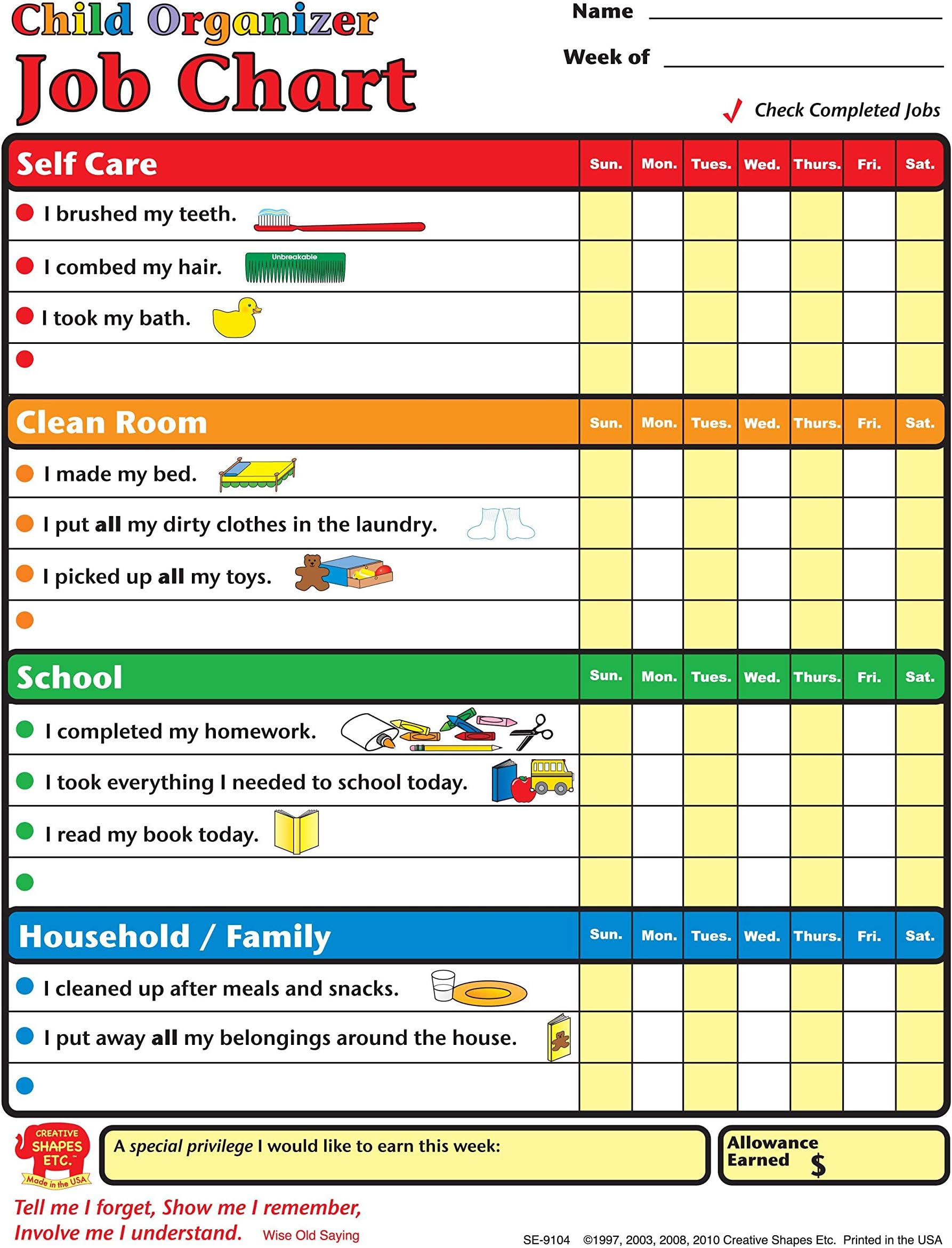 Amazon.com : SHAPES ETC. 50 Sheets Child Organizer Job Chart 8.5inx11in ...