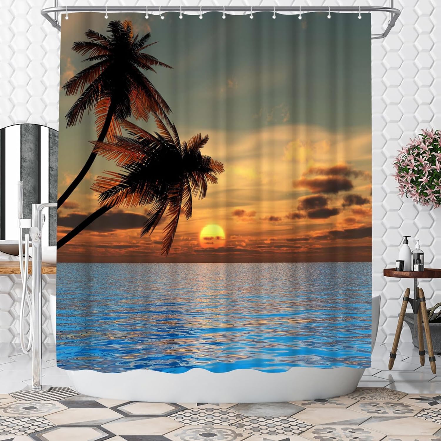 Amazon.com: WELMECO Tropical Shower Curtain Summer Coastal Landscape ...