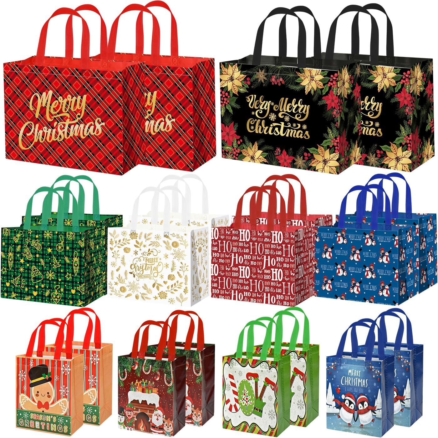 Amazon.com: 20Pack Assorted Sizes Reusable Christmas Tote Bags with ...