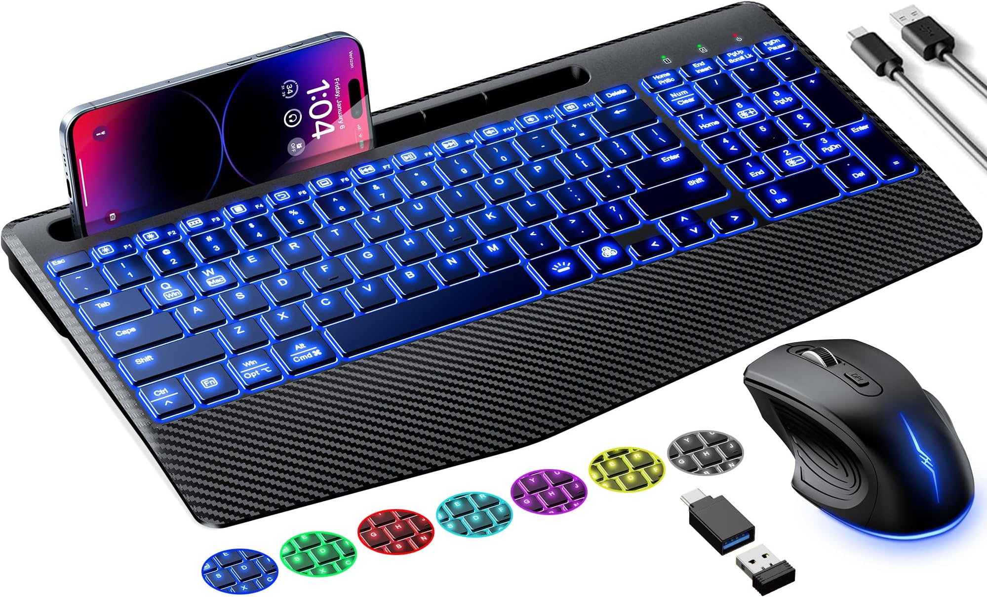 Wireless Keyboard And Mouse Backlits Wrist Rest Jiggler Mouse Rechargeable