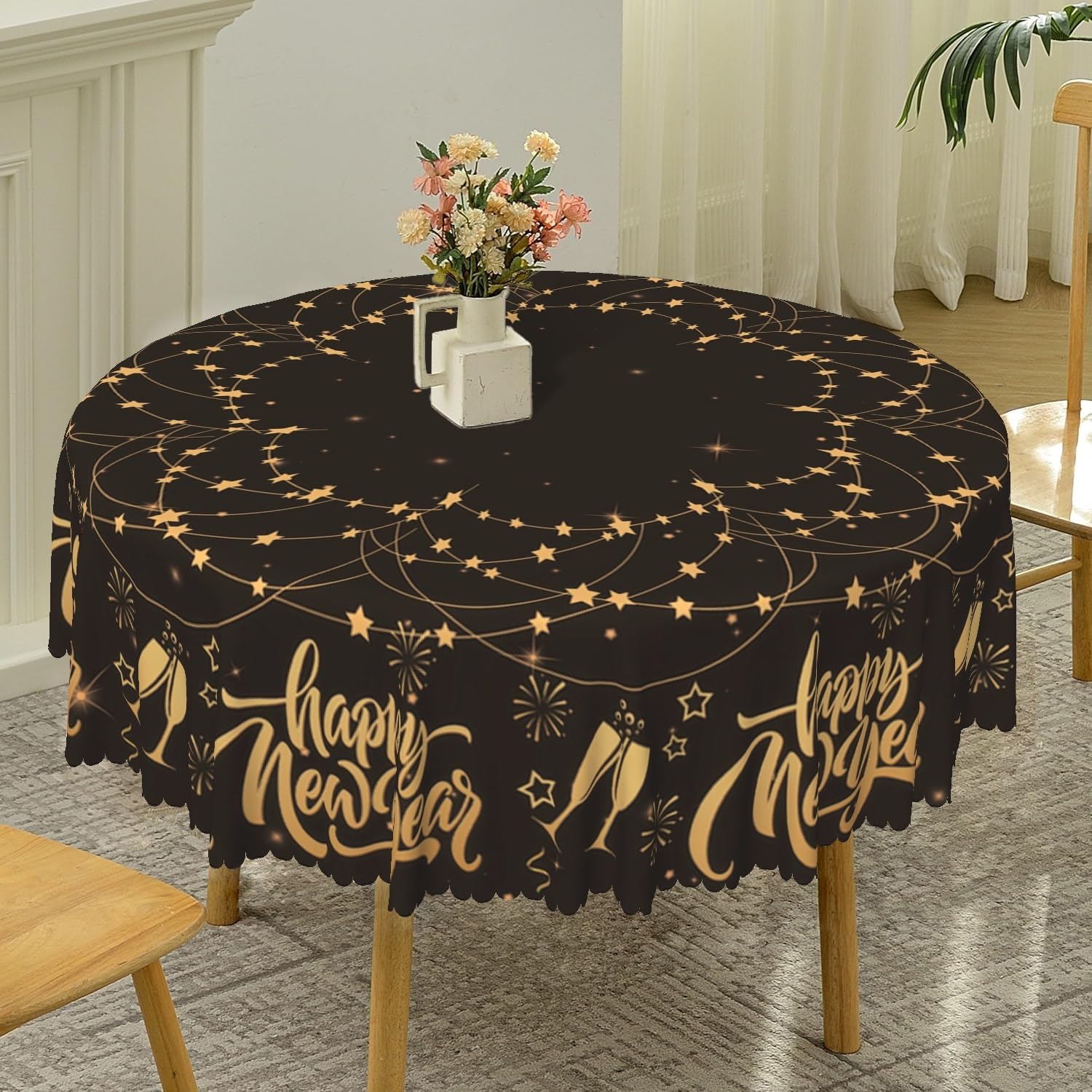 Amazon.com: TTQYFNM Happy New Year Round Tablecloth 70 Inch Black and ...