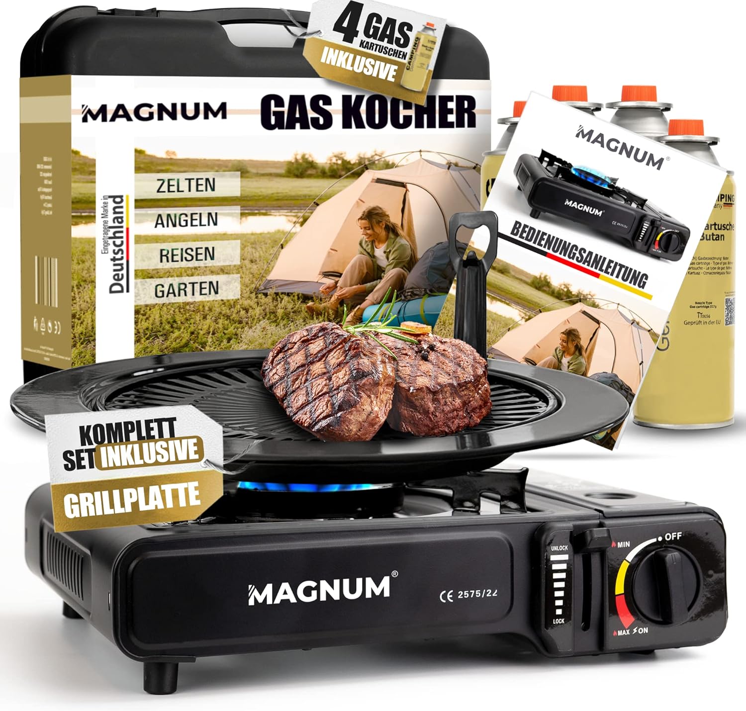 Magnum Gas Stove with 4 Gas Cartridges and Grill Plate - Robust Camping ...