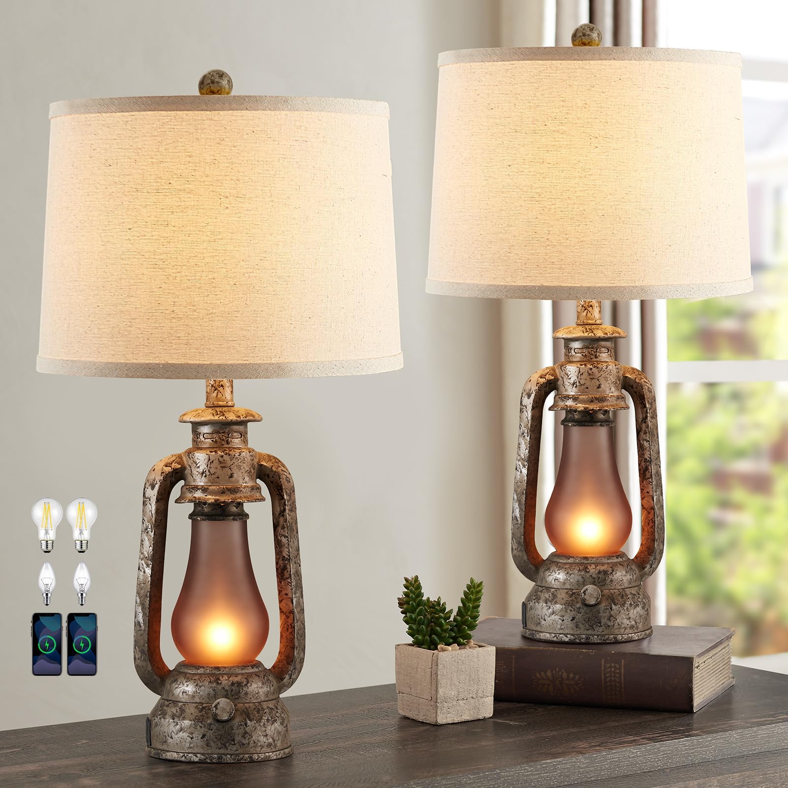 RORIANO Farmhouse Rustic Table Lamps for Living Room Set of 2,Vintage ...