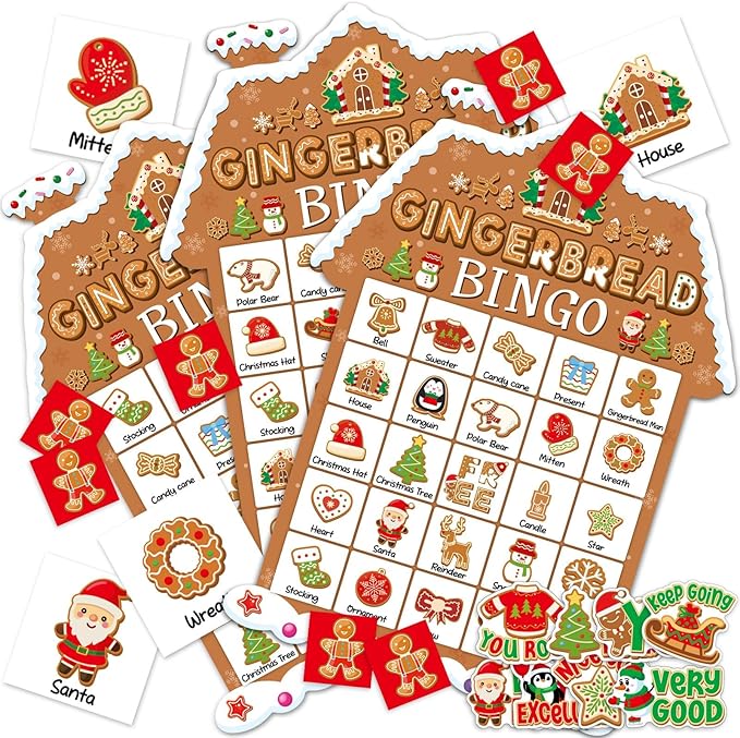 Amazon.com : 39Pcs Christmas Gingerbread Themed Bingo Game for Kids ...