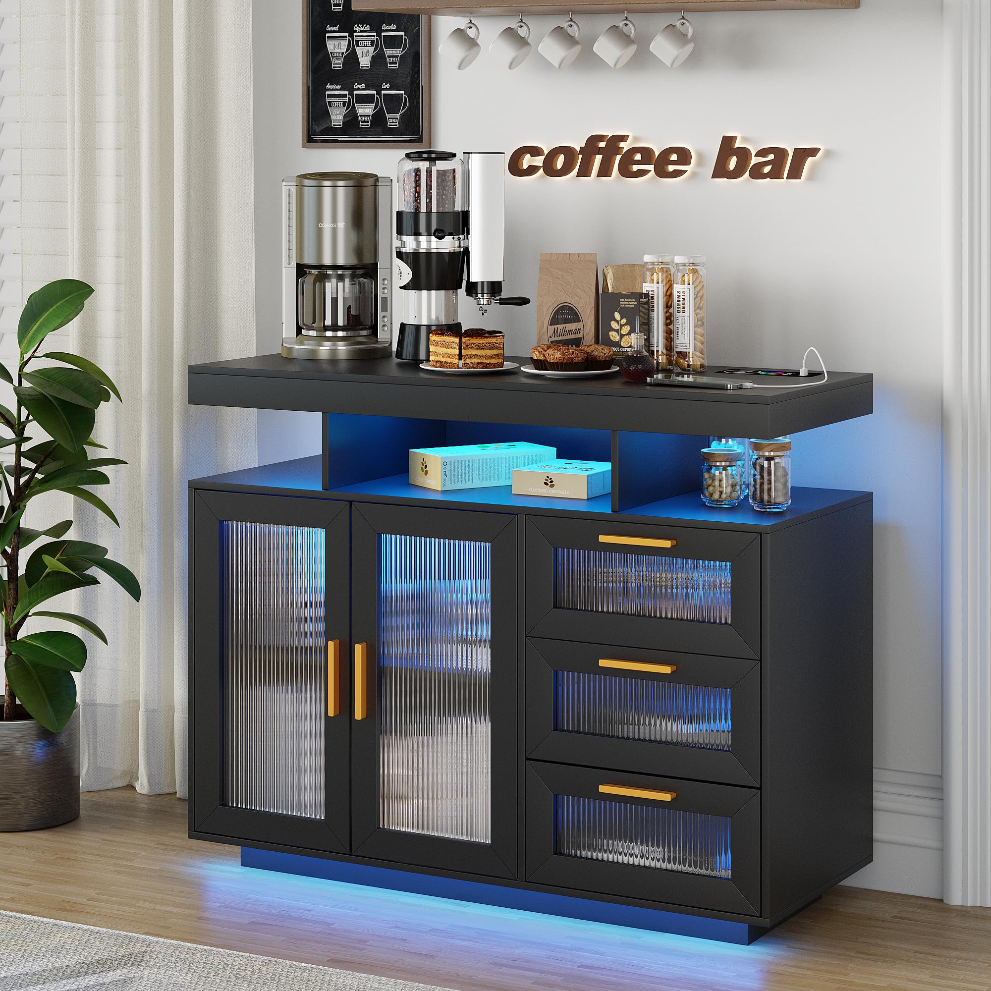 Sideboard Buffet Cabinet with Storage with 3 Drawers and 2 Doors, Auto ...