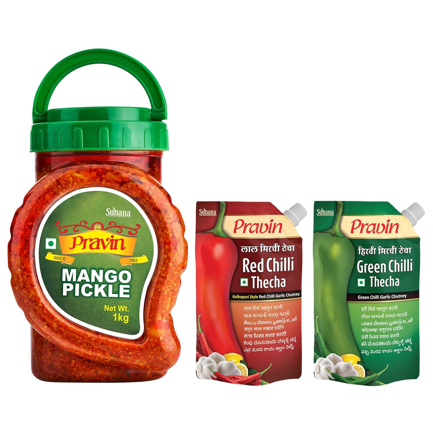Pravin Mango Pickle (Mango Shape) 1kg Jar + Red Chilli 100g x 4 + Green ...