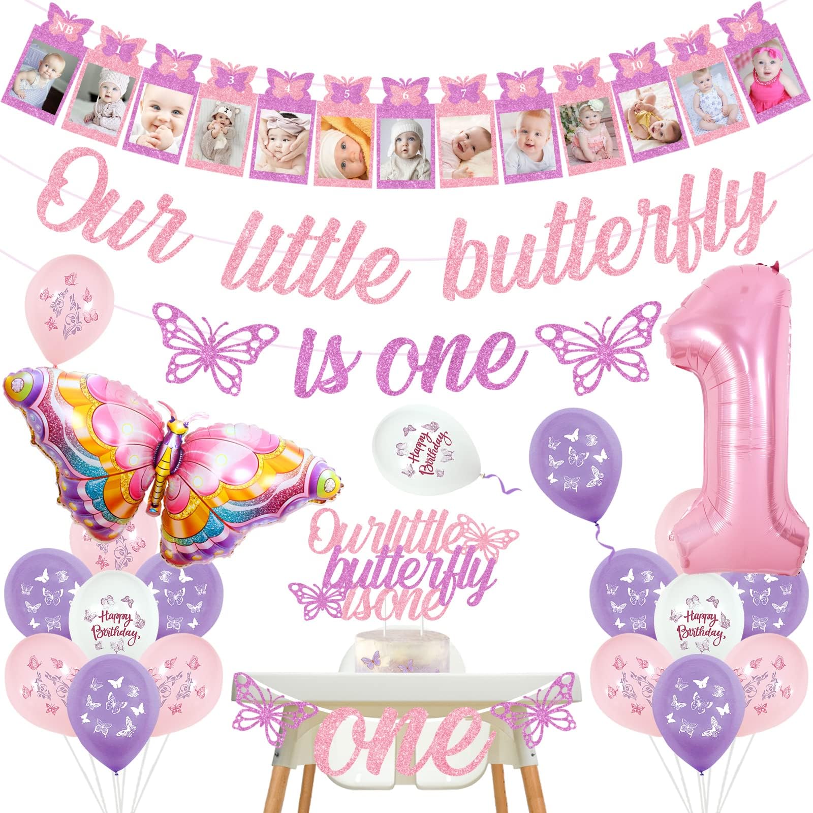 Amazon.com: Butterfly One High Chair Banner - Butterfly 1st Birthday ...
