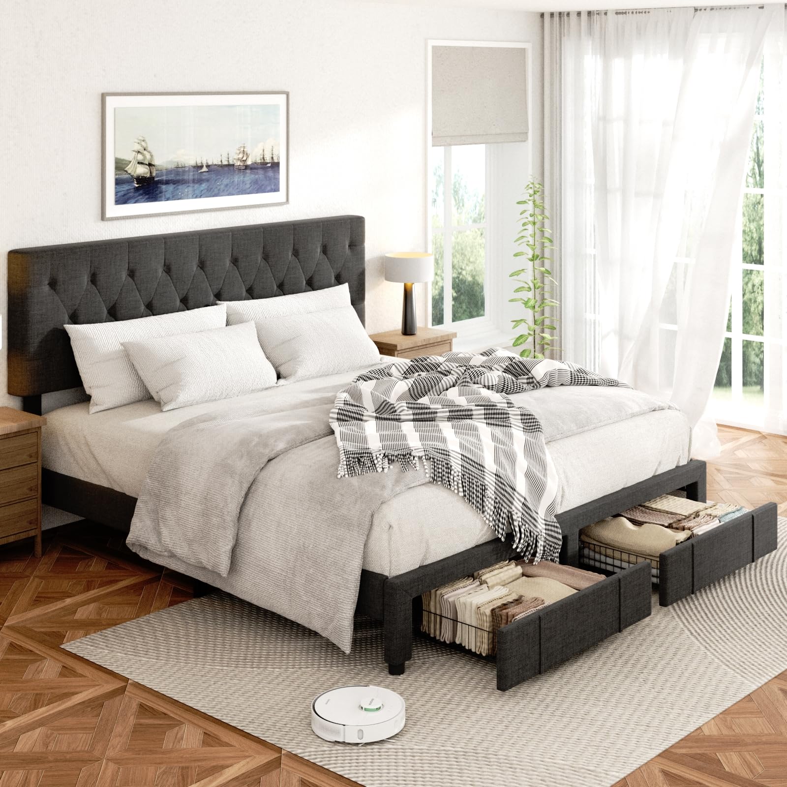 King Size Bed Frame with Storage, King Bed Frame with Headboard ...